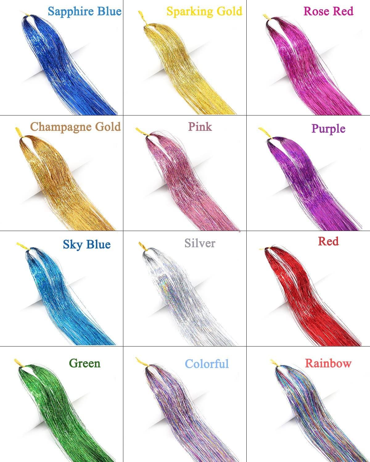 Sedfzo 47 Inch Tinsel Hair Extensions Glitter Kit - 12 Mixed Colors ...