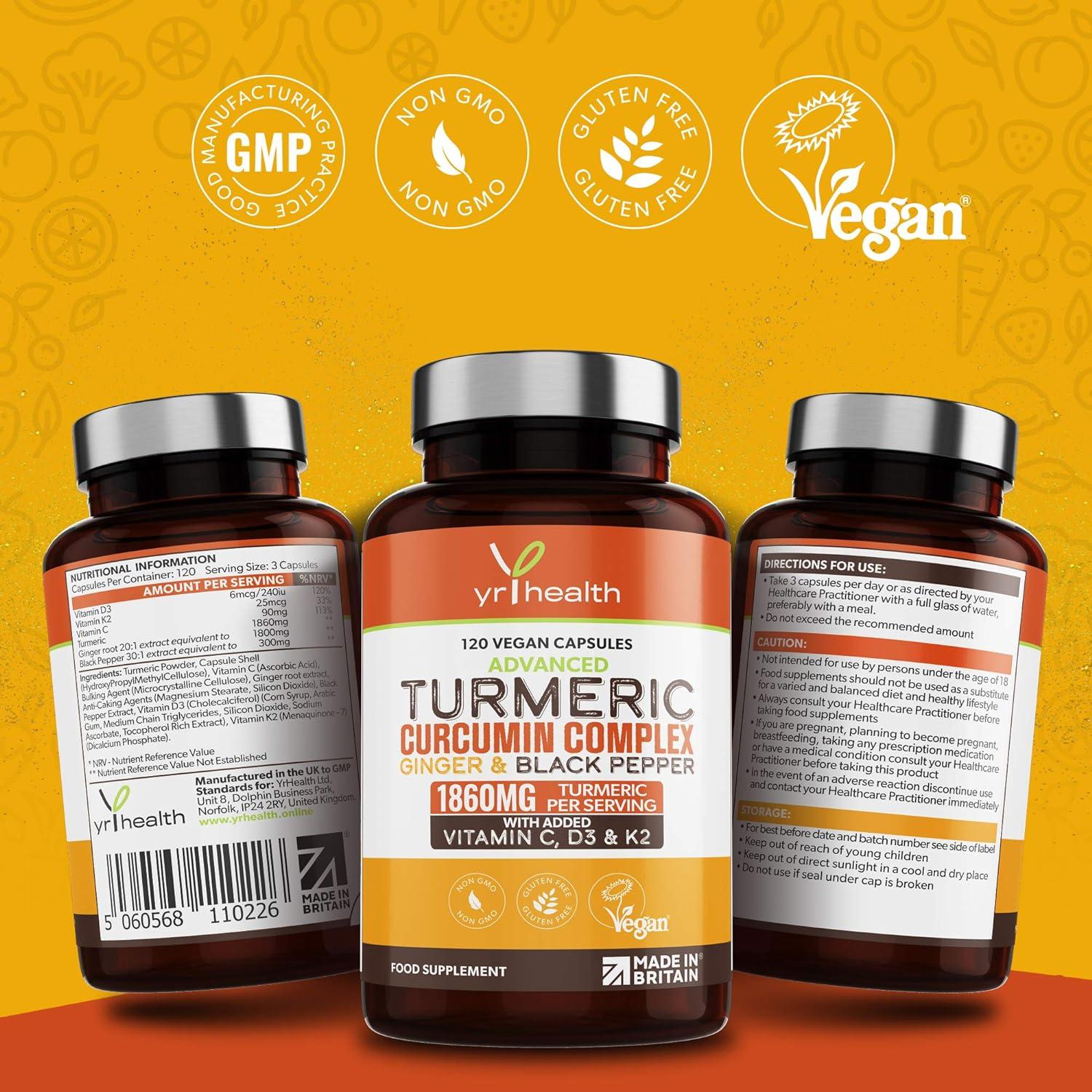 Premium Turmeric Capsules 1860mg with Black Pepper, Ginger, Vitamins C ...
