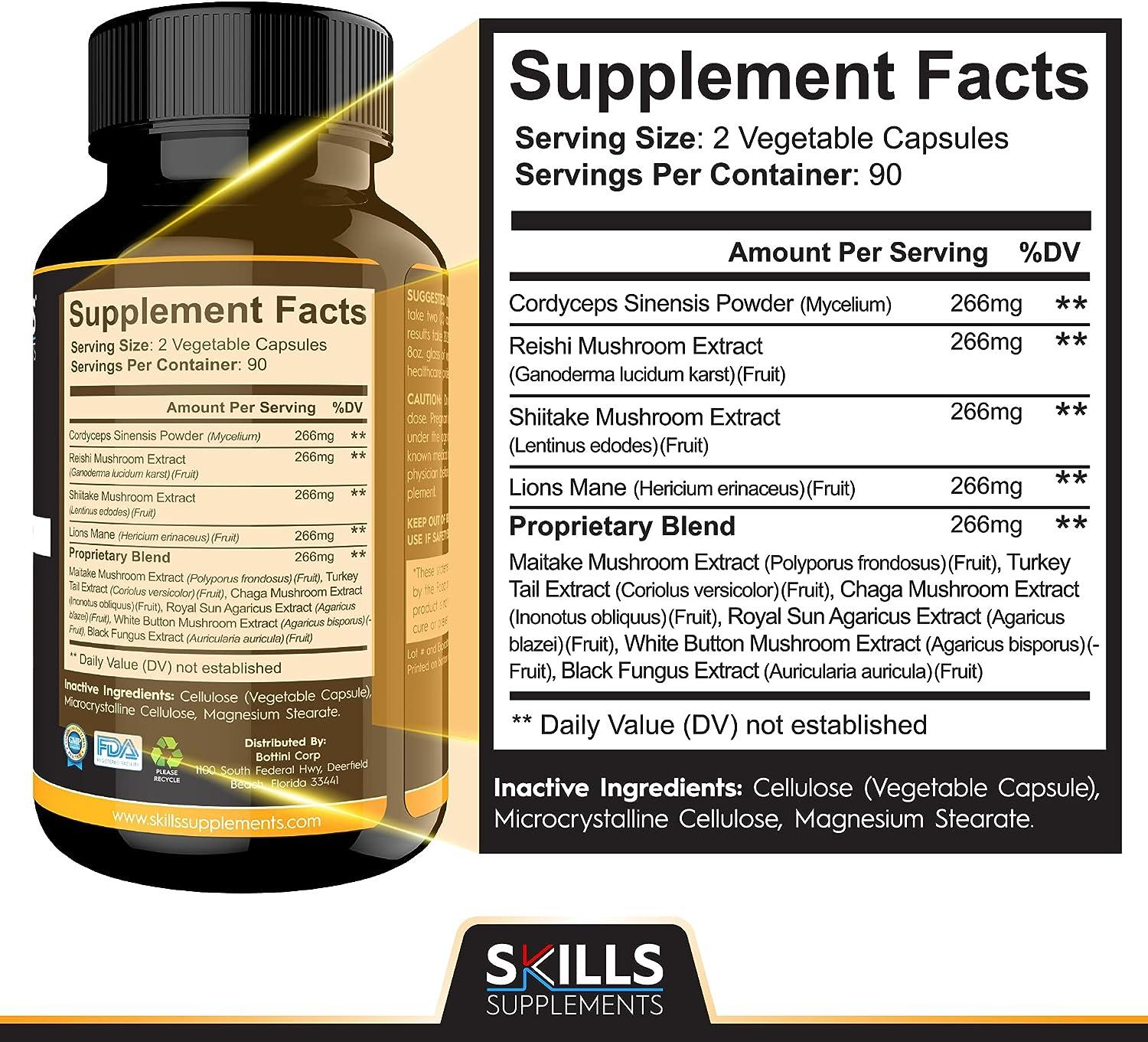 Skills Mushroom Supplement - 180 Capsules | Nootropic Brain Complex ...