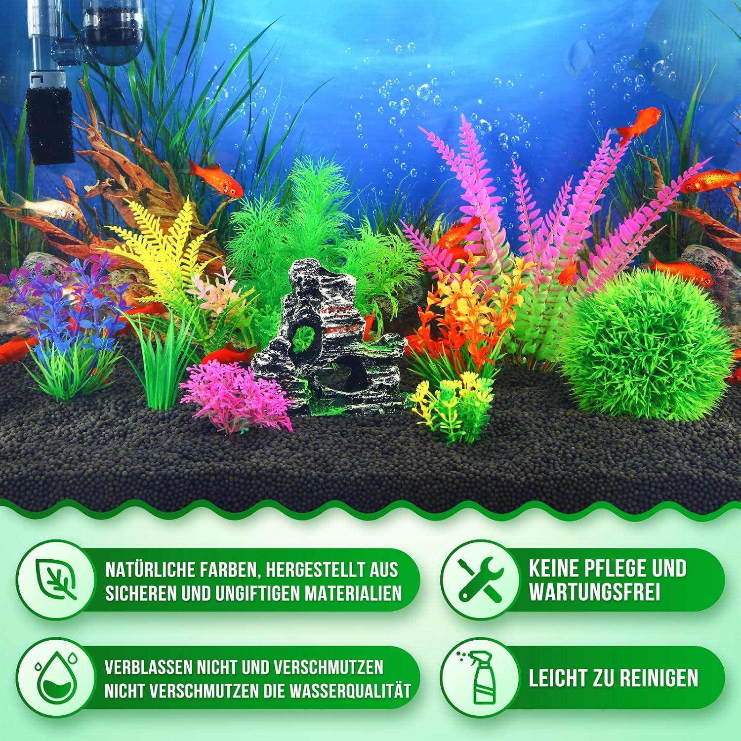 Borlech Aquarium Rock Decorations Set - 9 Pieces Plastic Plants & Green ...