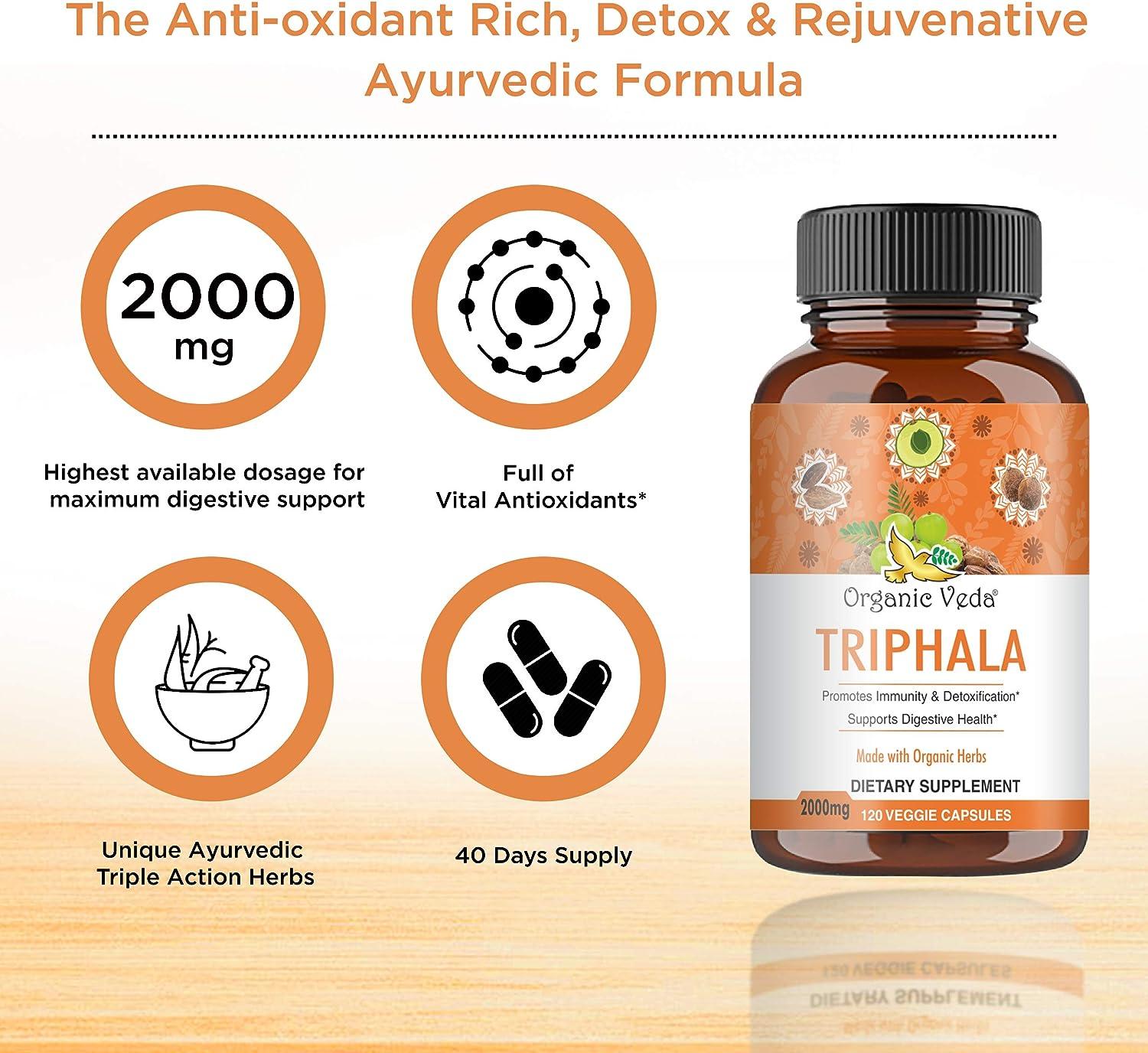 Organic Veda Triphala Capsules 2000mg - Ayurvedic Herbal Supplement for ...