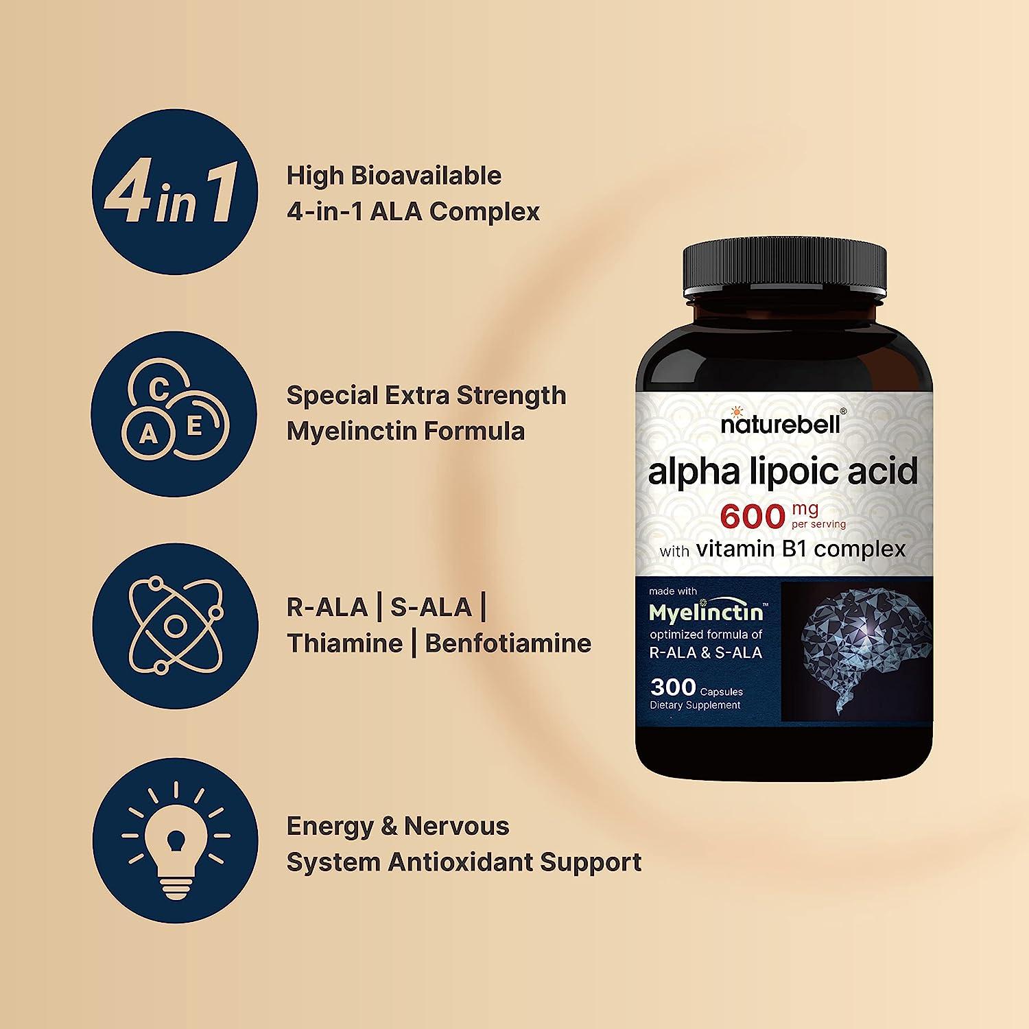 NatureBell Alpha Lipoic Acid 600mg | 300 Capsules - R-ALA, S-ALA, B1 Complex | High ...