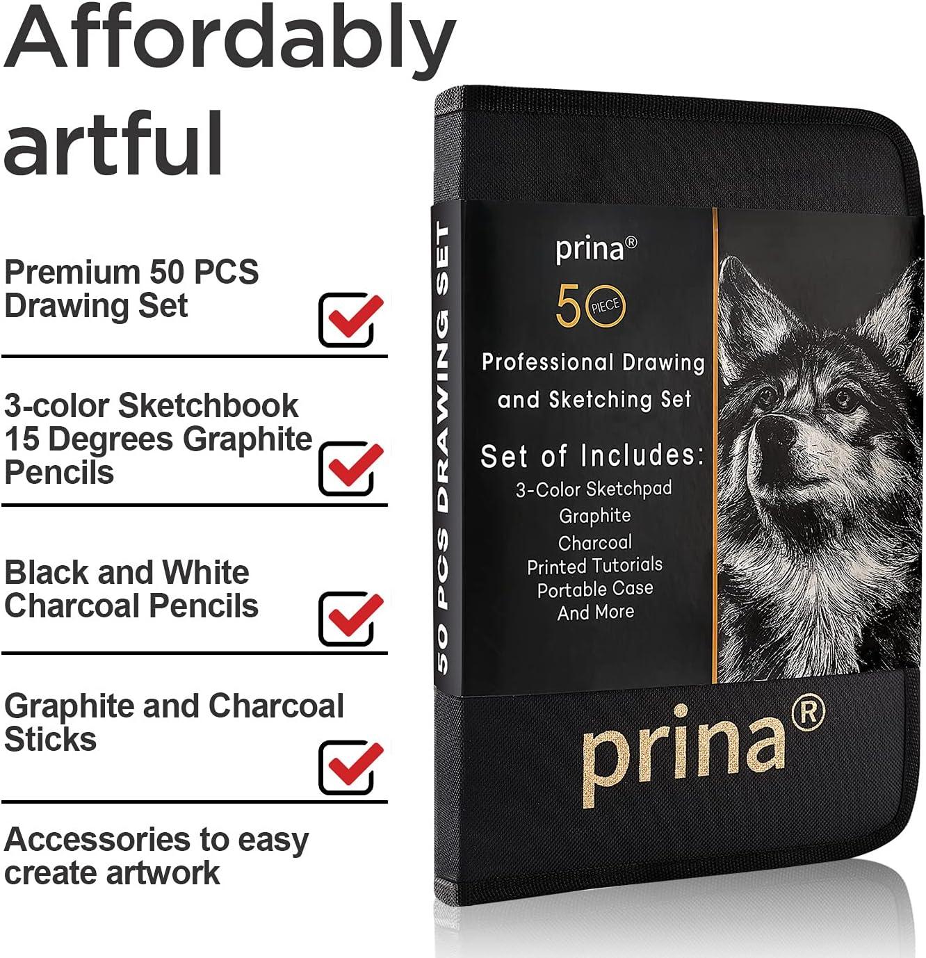 Prina 50 Pack Drawing Set Sketch Kit with 3-Color Sketchbook and ...