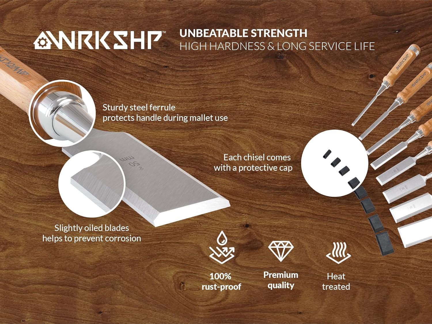 WRKSHP Wood Chisel Set (8 pcs) with Premium Wooden Storage Case ...