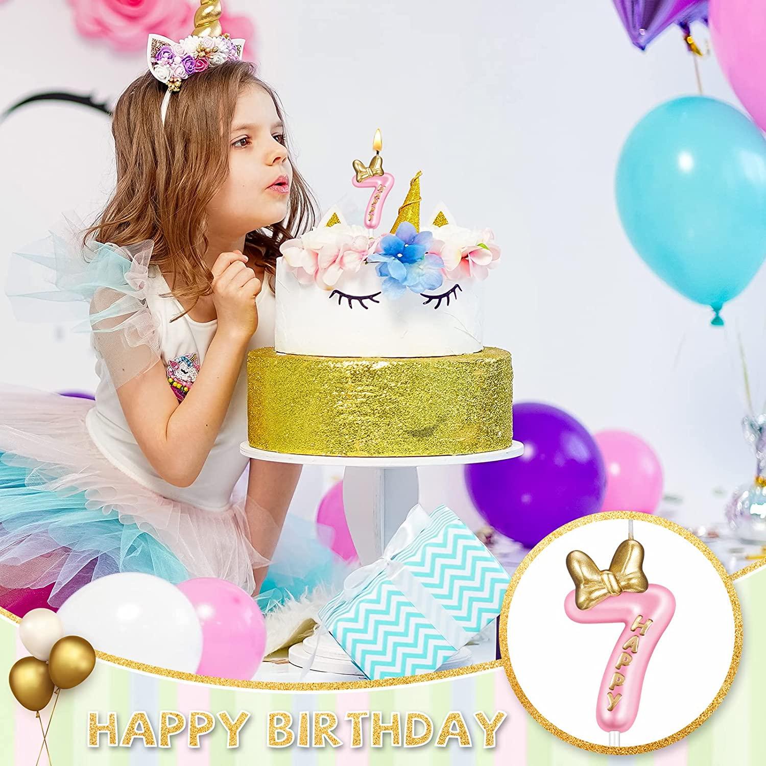 Number 7 Pink Birthday Candle Girl Cake Topper with Rose Gold Candles ...