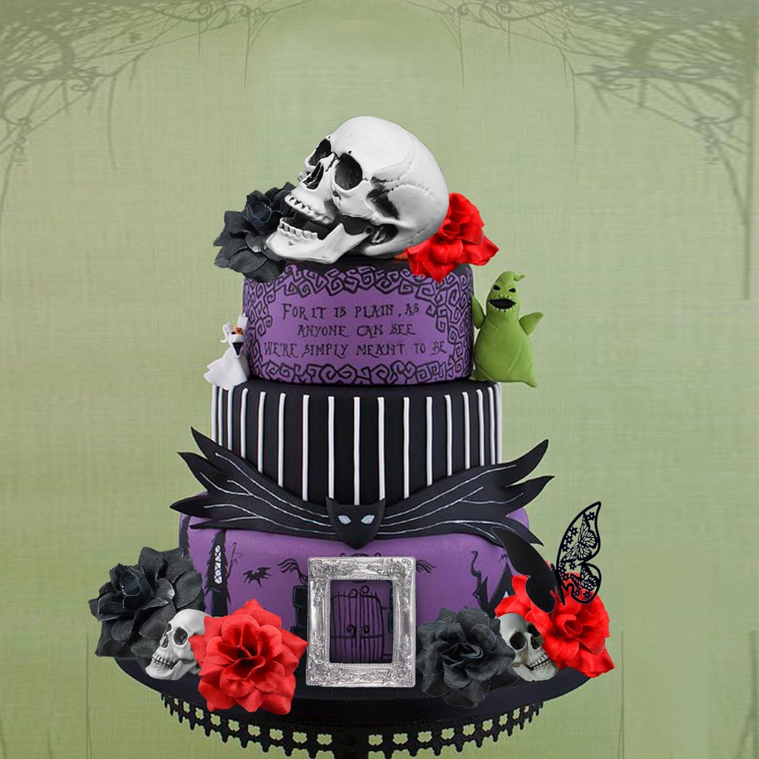 19 PCS Halloween Cake Topper Gothic Rose Skull Cake Topper with Black ...