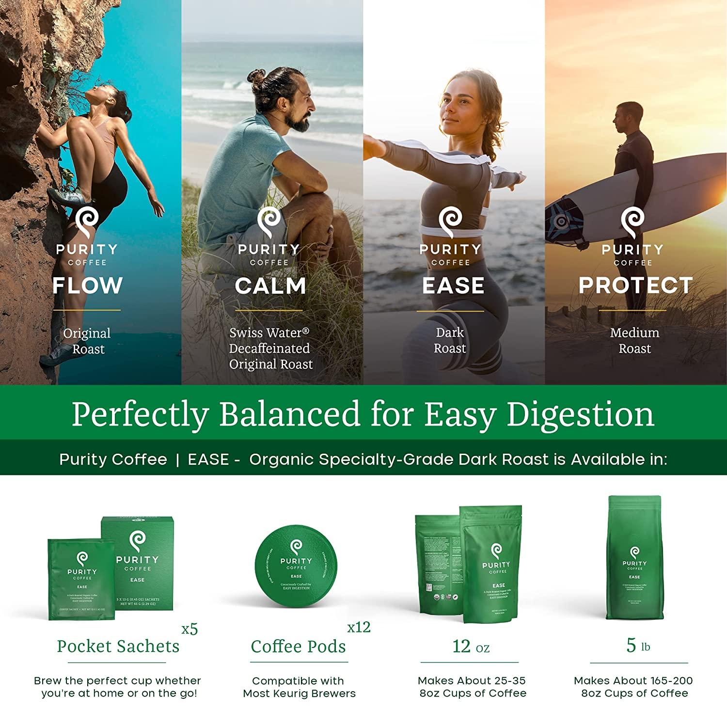 Purity Coffee EASE Dark Roast Low Acid Organic Whole Bean Coffee - USDA Certified Specialty ...