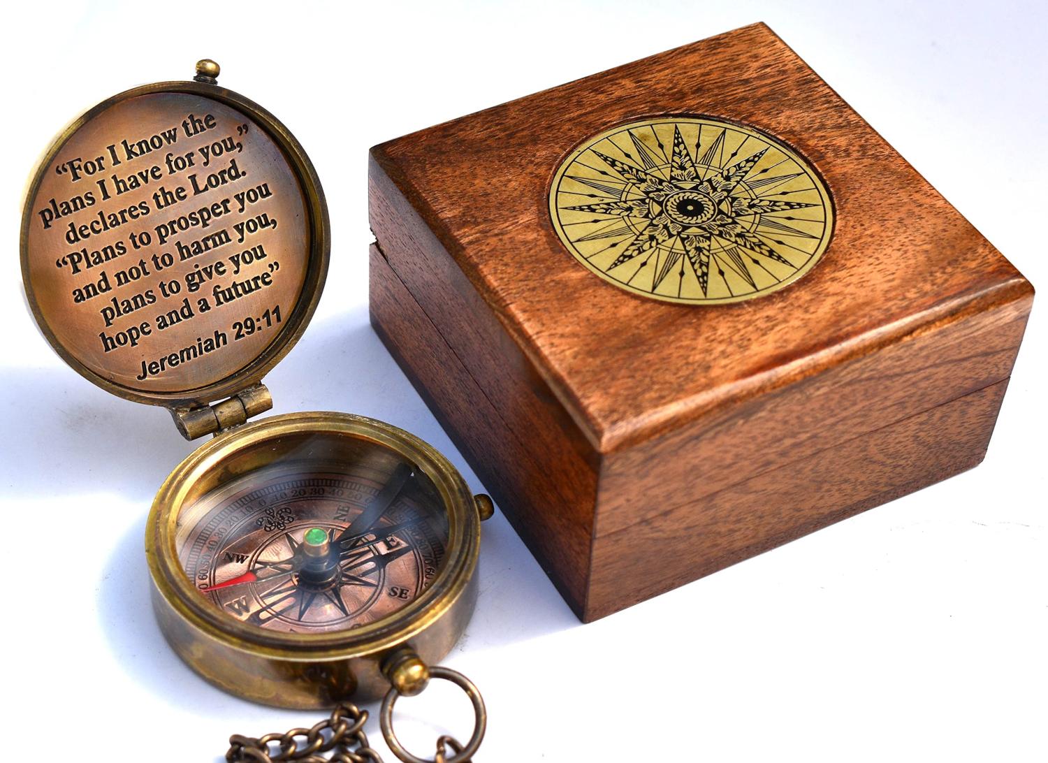 2023 Solid Brass Directional Magnetic Compass with Engraved Scripture Jeremiah 29:11 & Joshua 1: ...