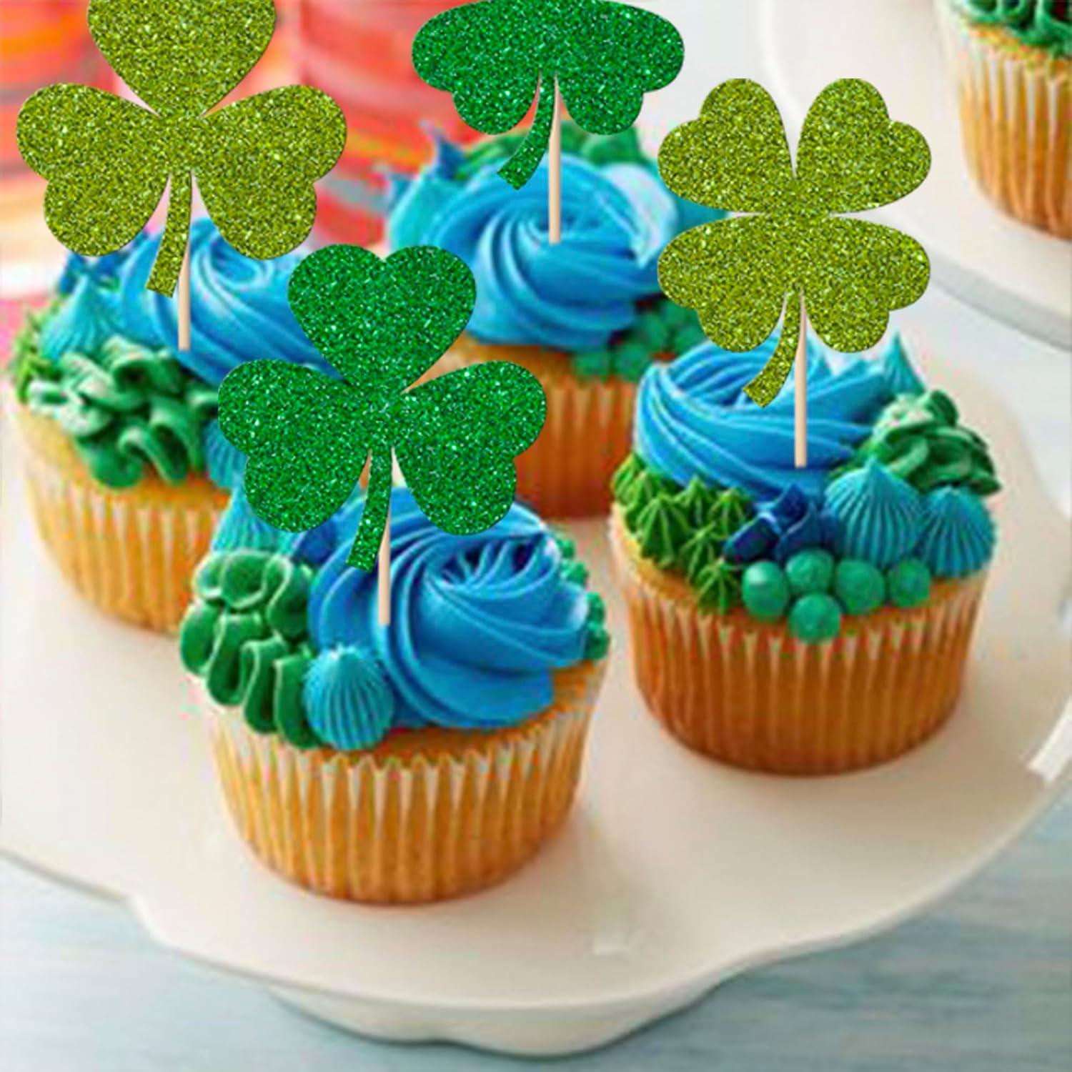 36 Pack Lucky Four Leaf Clover Cupcake Toppers Glitter St.Patrick's Day ...