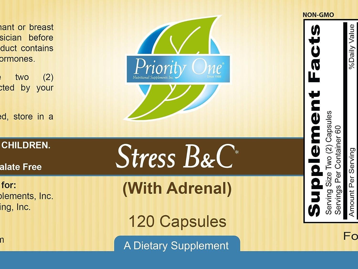 Priority One Vitamins Stress B & C 120 Capsules - B Complex with Adrenal Support for Healthy ...
