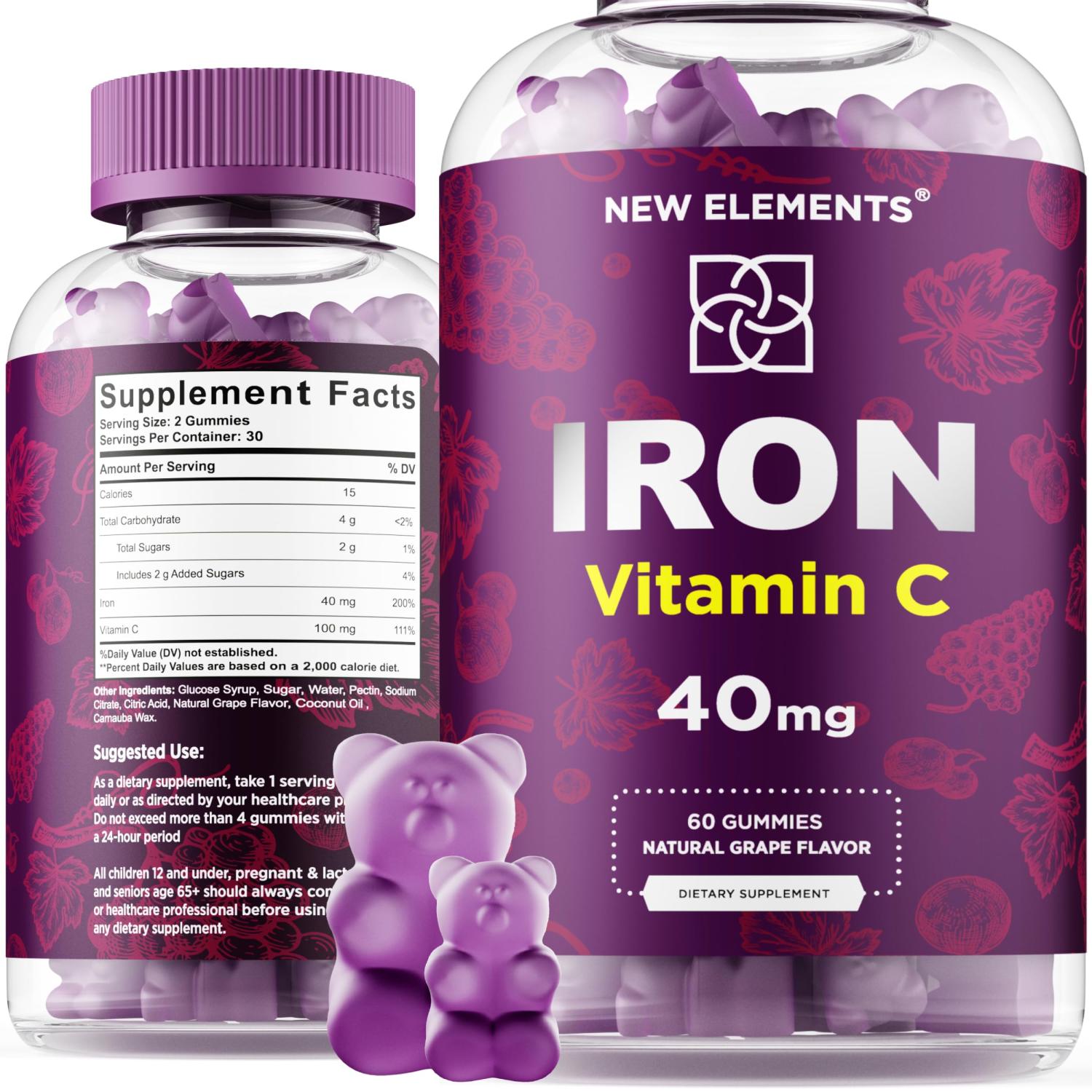 Iron Gummies with Vitamin C for Adults | 40mg Iron, 100mg Vitamin C ...