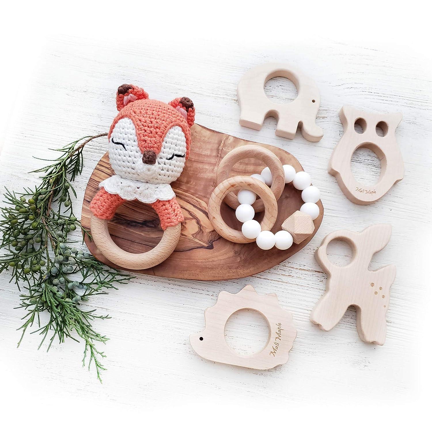 Organic Baby Wooden Teething Toys 4pk - Sea Animal Teether Set with ...