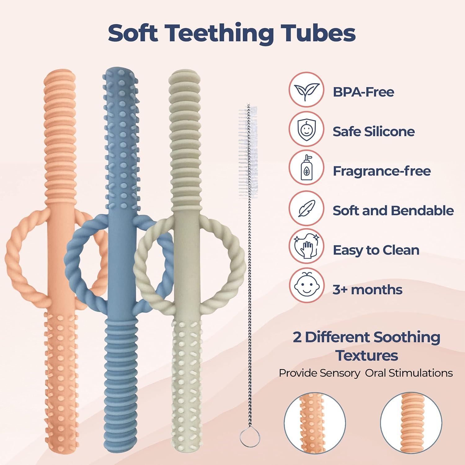 Petite Bee Silicone Baby Teether Tubes - 3 Pack Chew Straws for ...