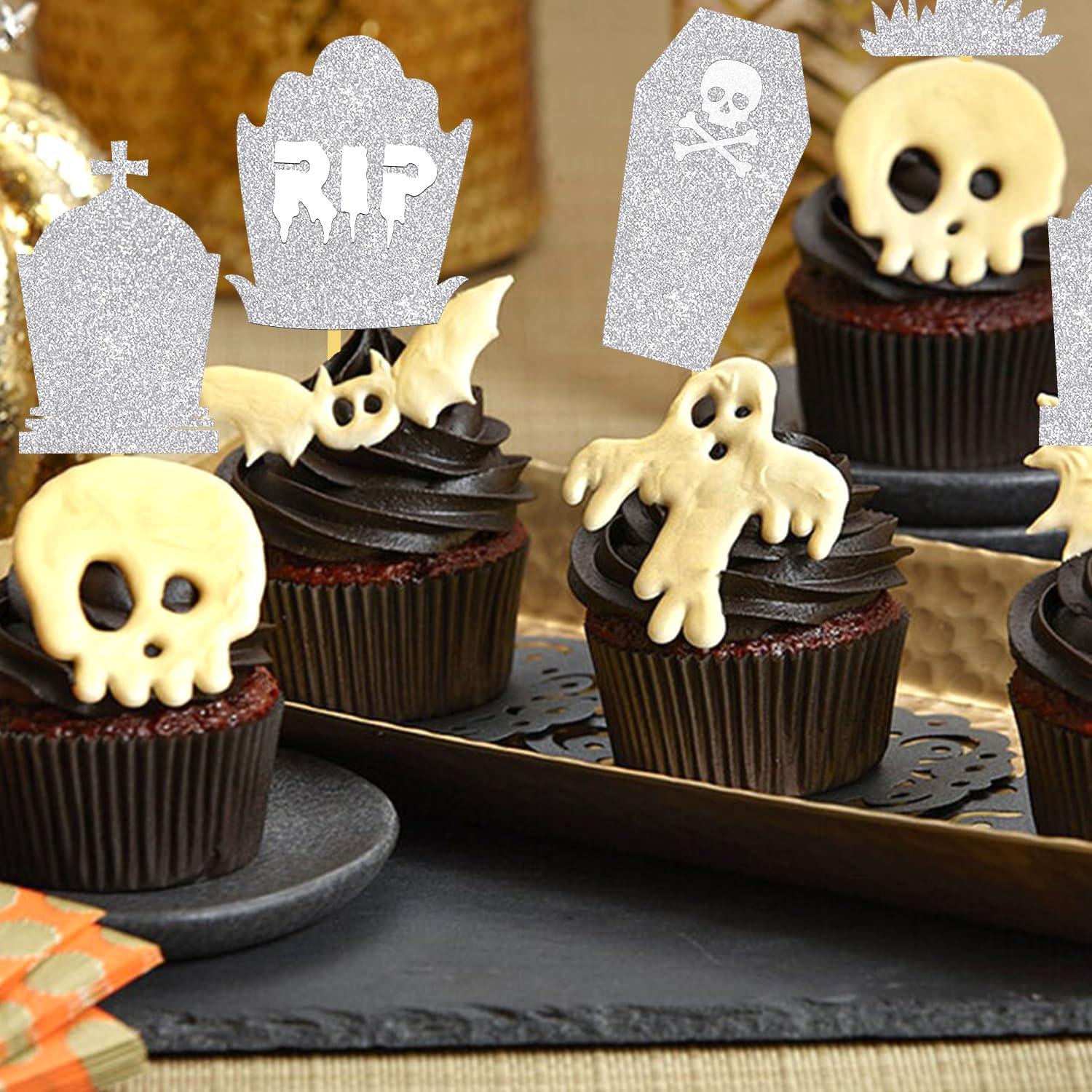 Silver Halloween Tombstone Cupcake Toppers Glitter RIP Spooky Skull ...