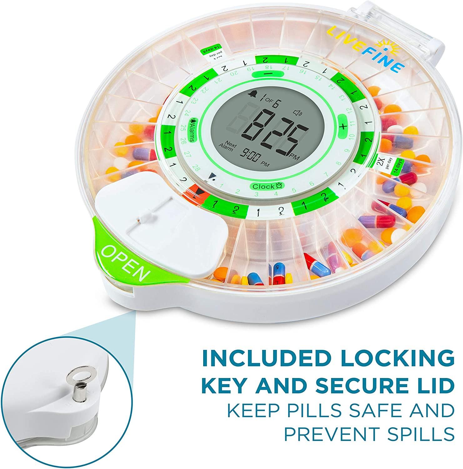 LiveFine 28-Day Automatic Pill Dispenser with Key Lock, Upgraded LCD ...