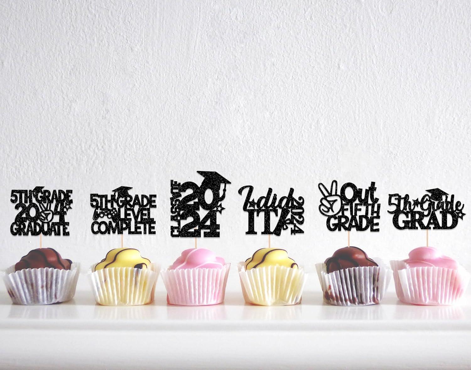 BZBAIS 32 Pieces Black Glittery 5th Grade Grad Cupcake Toppers Class of ...