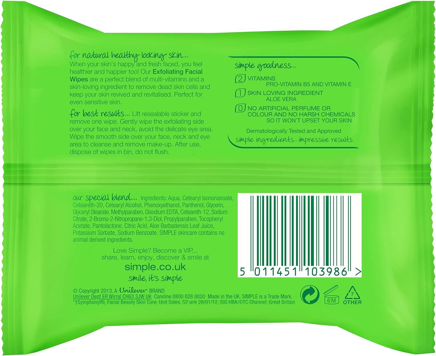 Simple Kind To Skin Exfoliating Facial Wipes - 25 Count Pack - Gentle ...