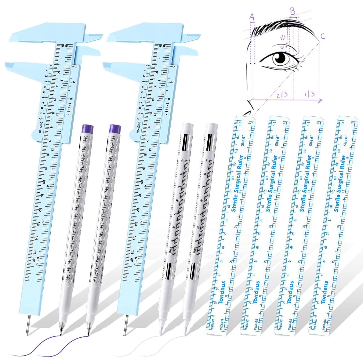 10 Pcs Eyebrow Tools Set: 2 Measuring Rulers, 4 Microblading Skin ...