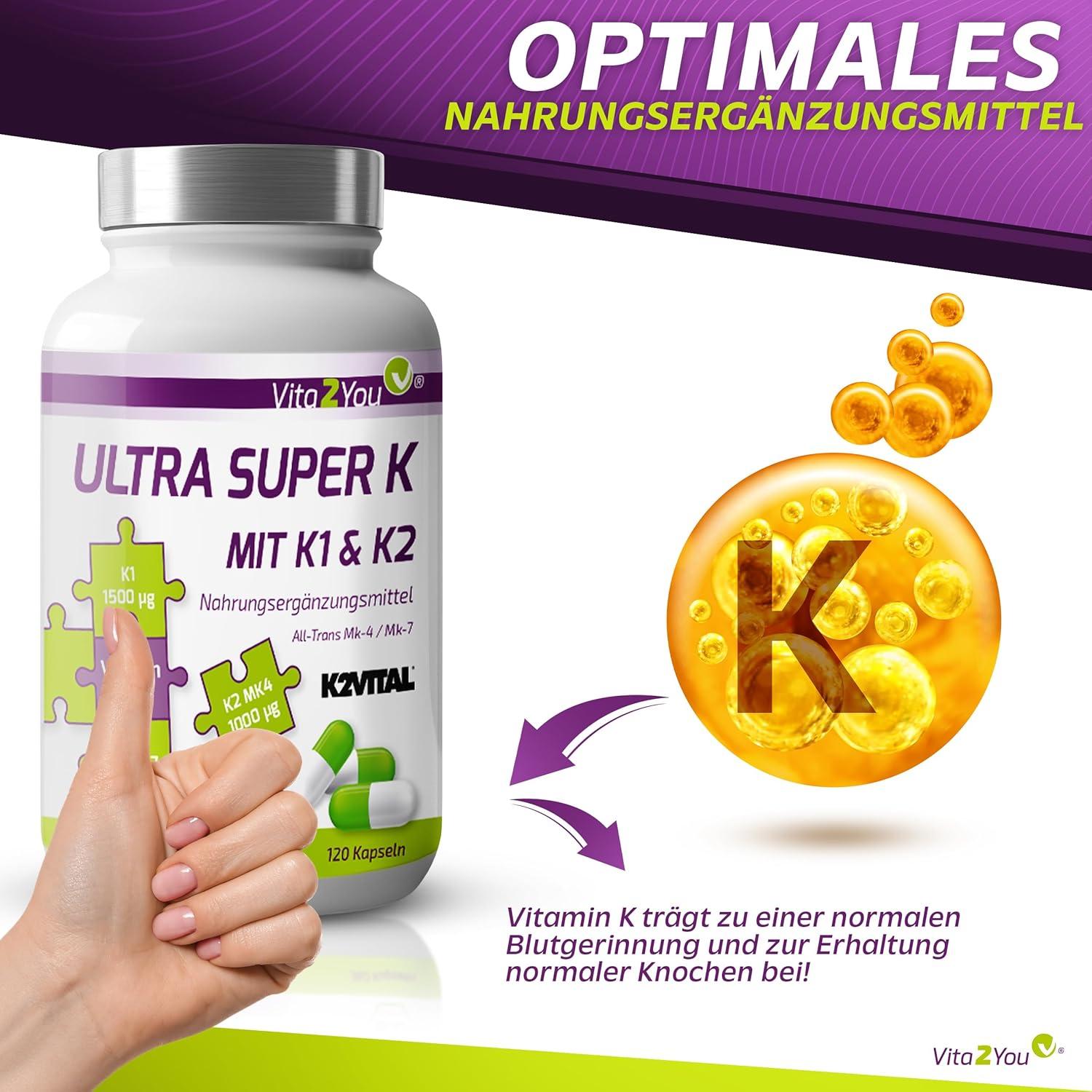 Vita2You Ultra Super K - High Dose Vitamin K1 & K2 (MK4 & MK7) - 120 ...