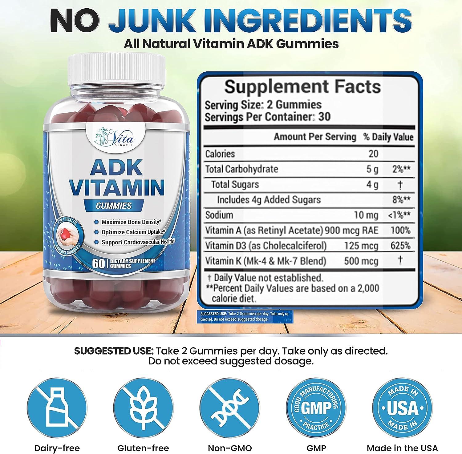 ADK Vitamin Supplement Gummies with 5000 IU D, 3000 IU A, 500mcg K ...