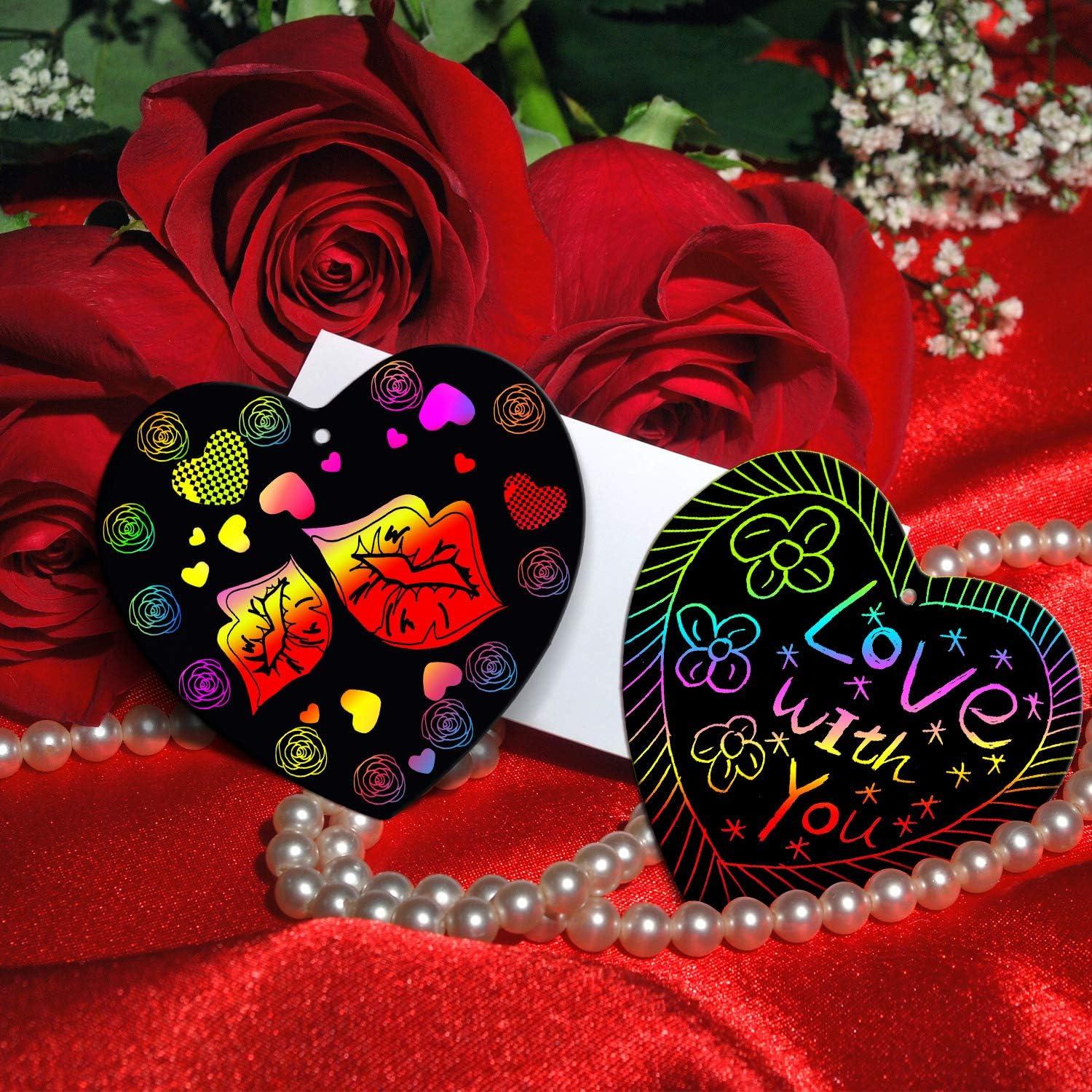 Mudder 60 Pieces Valentine Crafts Scratch Paper Ornaments Heart Shape ...