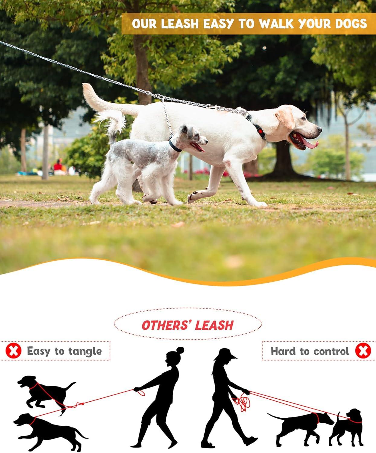 Double Dog Heavy Duty Steel Chain Leash for 2 Dogs - Durable 3.5mm ...