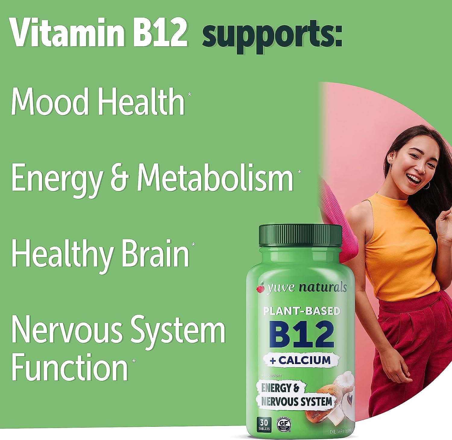 Yuve Vegan B12 with Calcium: 1000mcg Cobalamin Vitamin for Energy ...