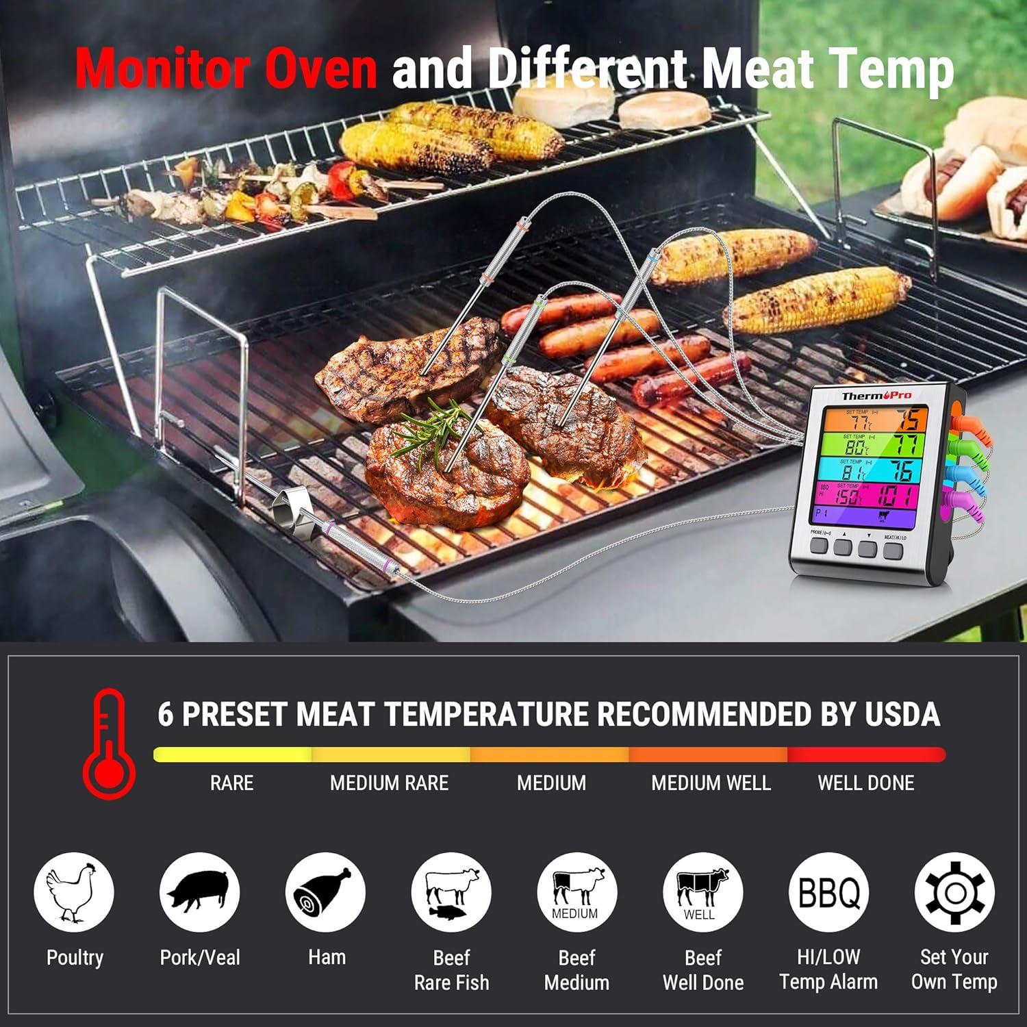 ThermoPro TP17H Digital Grill Thermometer - 4 Stainless Steel Probes ...
