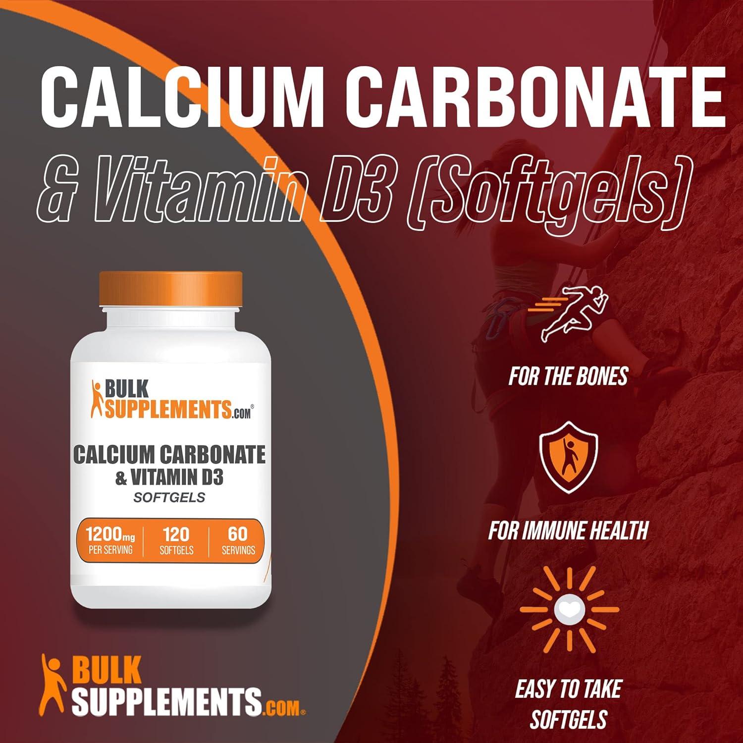 BulkSupplements Calcium Carbonate with Vitamin D3 Softgels - 120 Count ...