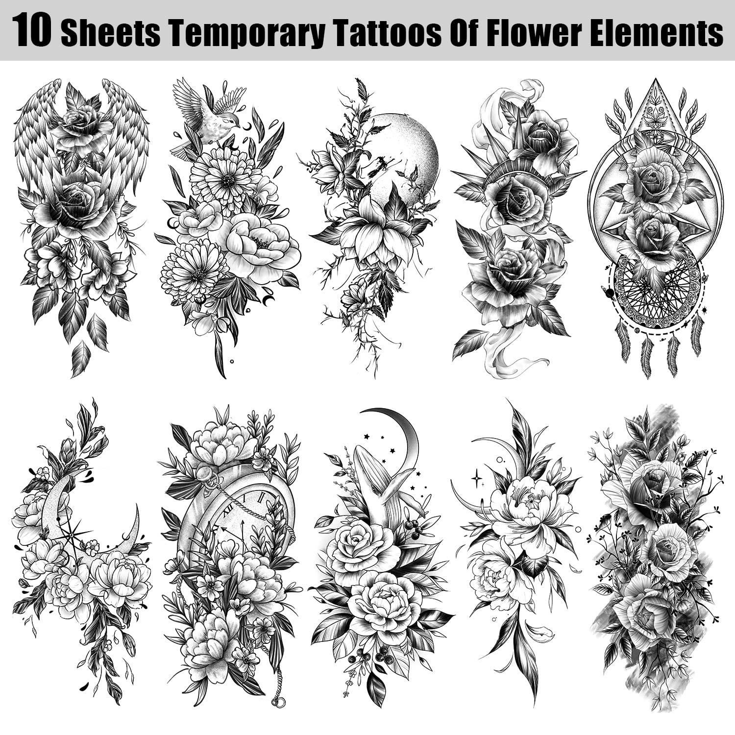 Cerlaza Large Temporary Flower Tattoos for Women - Realistic & Long ...