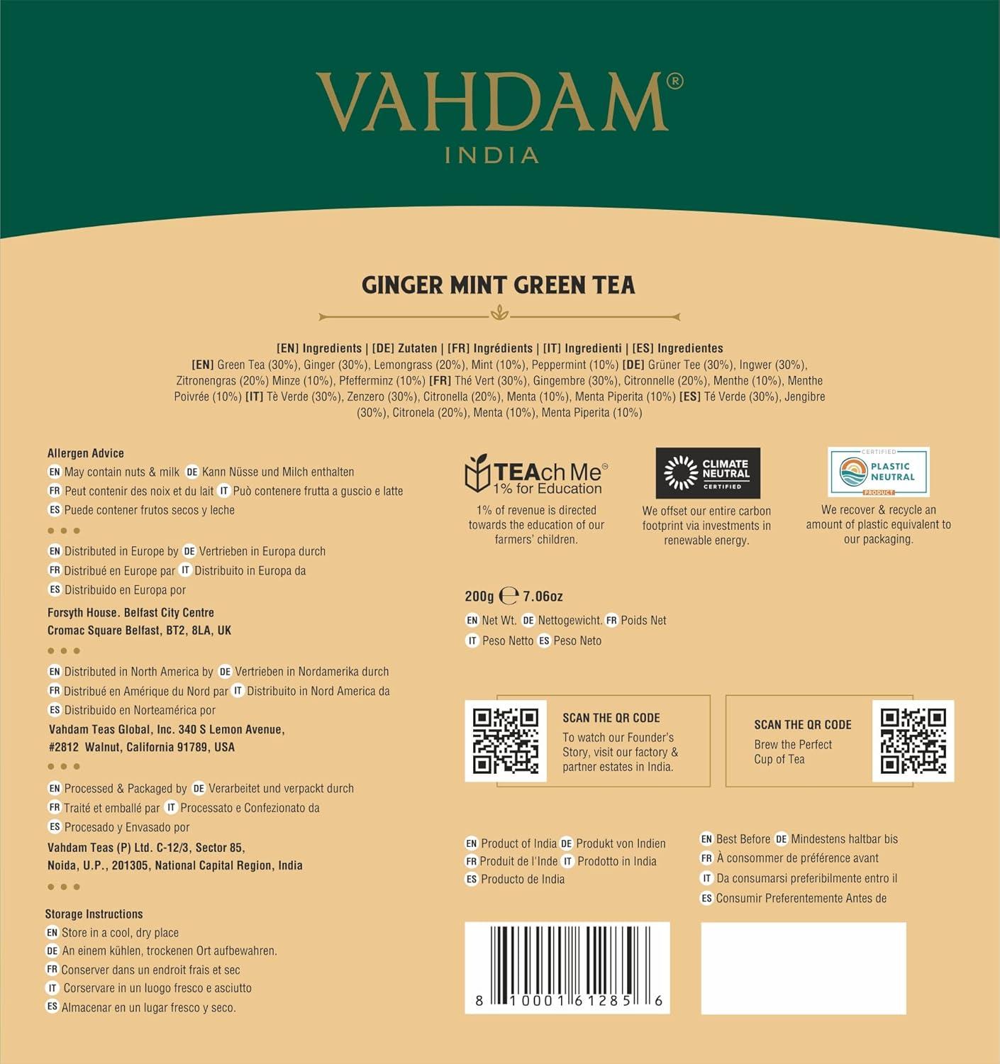Premium Vahdam Ginger Mint Green Tea - 100 Loose Leaf Bags | Authentic ...