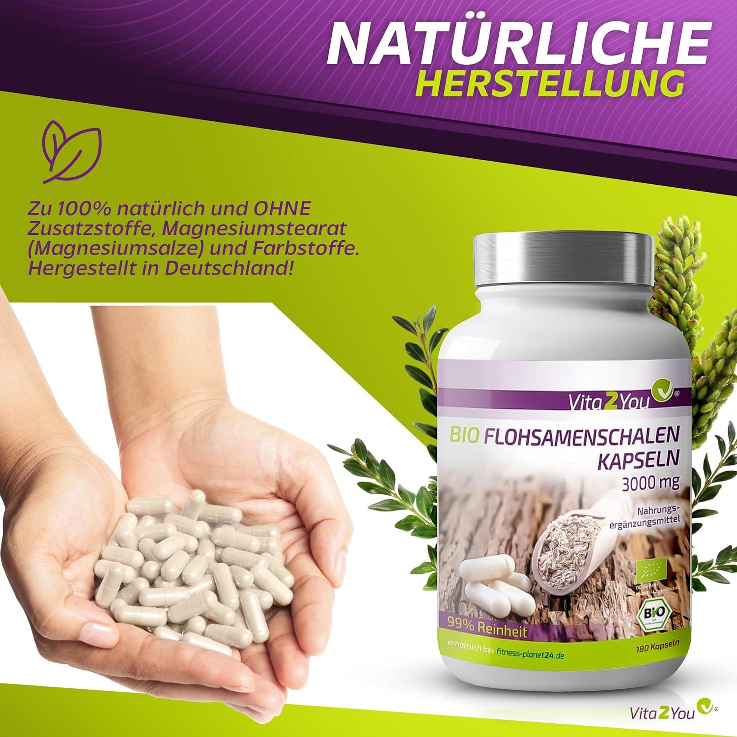 Vita2you Organic Psyllium Shell Capsules 3000mg - 180 Caps - Pure ...