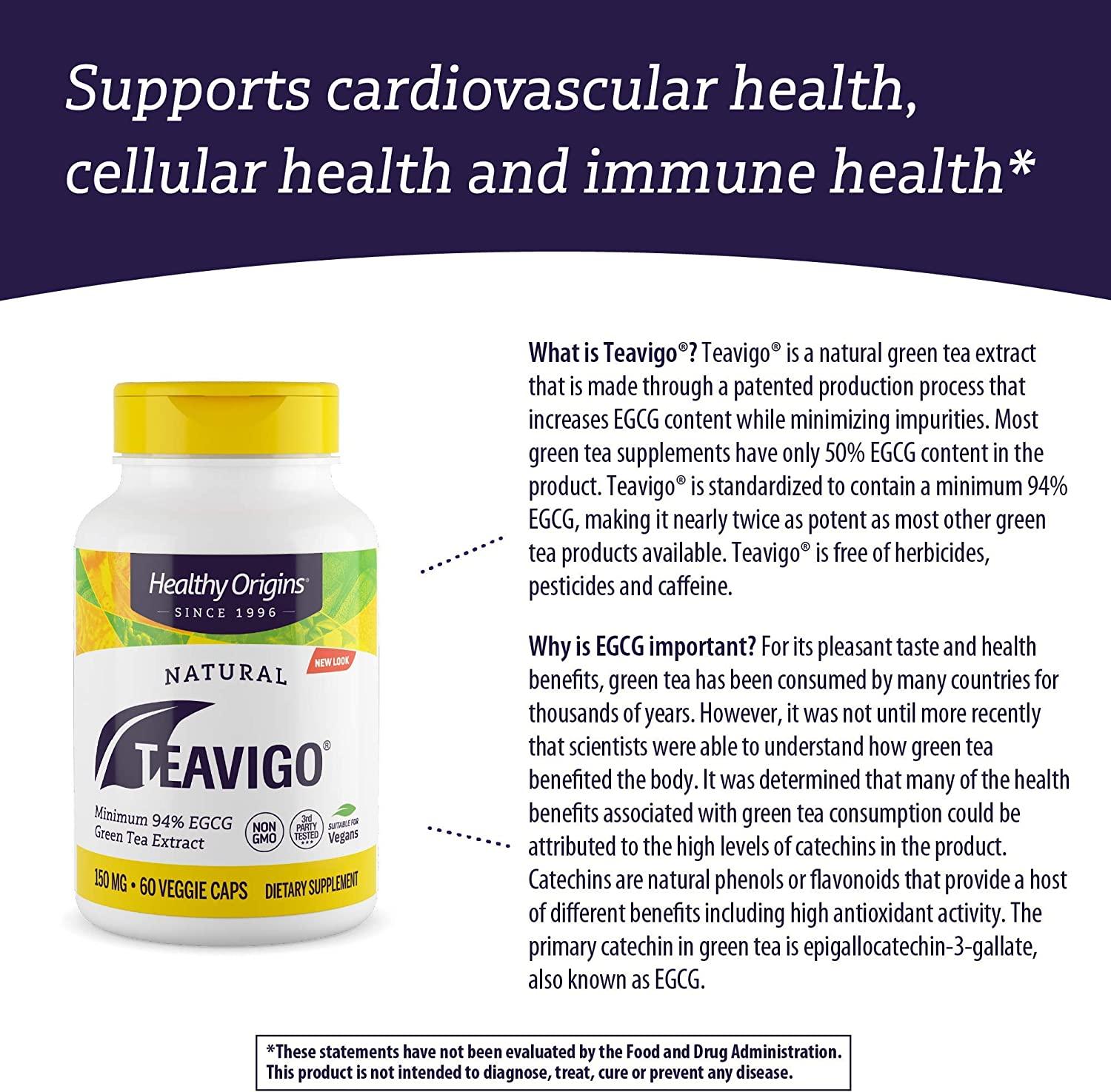 Healthy Origins Teavigo Green Tea 150mg (94% EGCG) - 60 Veggie Caps ...