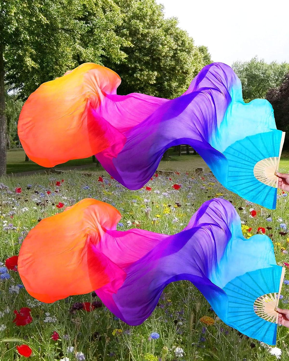 Jetec Belly Dance Fan Veil Set - Long Silk Fans in Blue, Purple, and ...