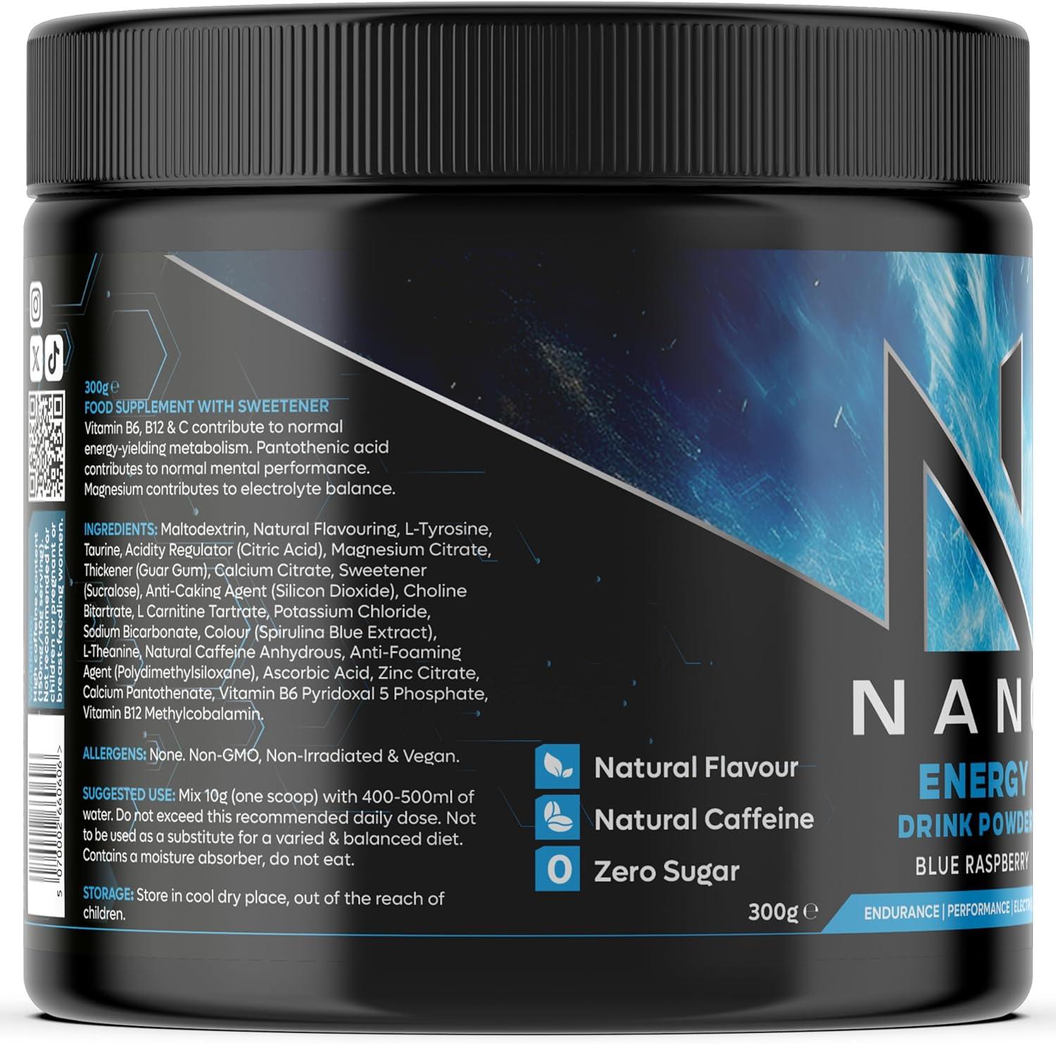 Nano Gaming Energy Drink Powder Blue Raspberry 300g Zero Sugar Focus ...