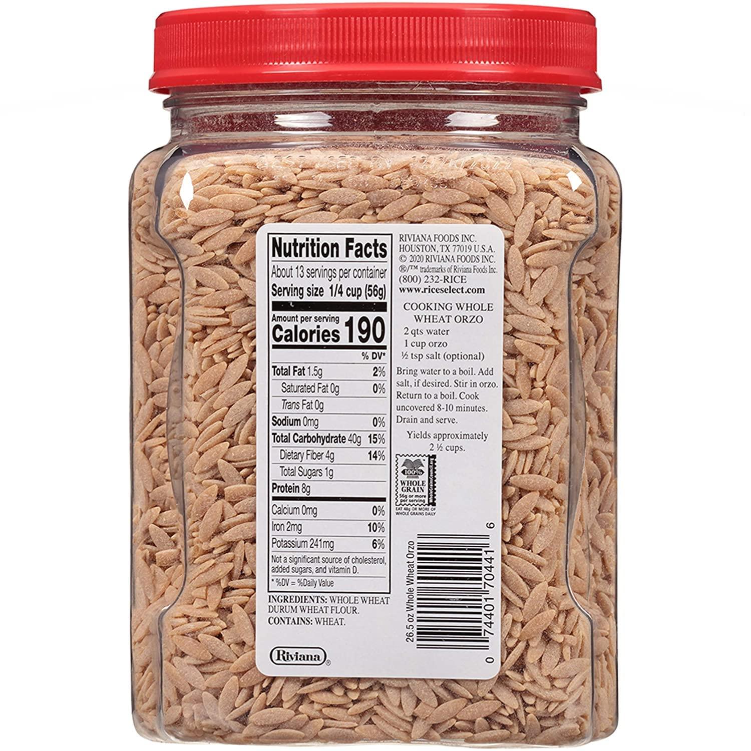 RiceSelect Whole Wheat Orzo Pasta 1.66 lb - Non-GMO, Vegan - Pack of 1 ...
