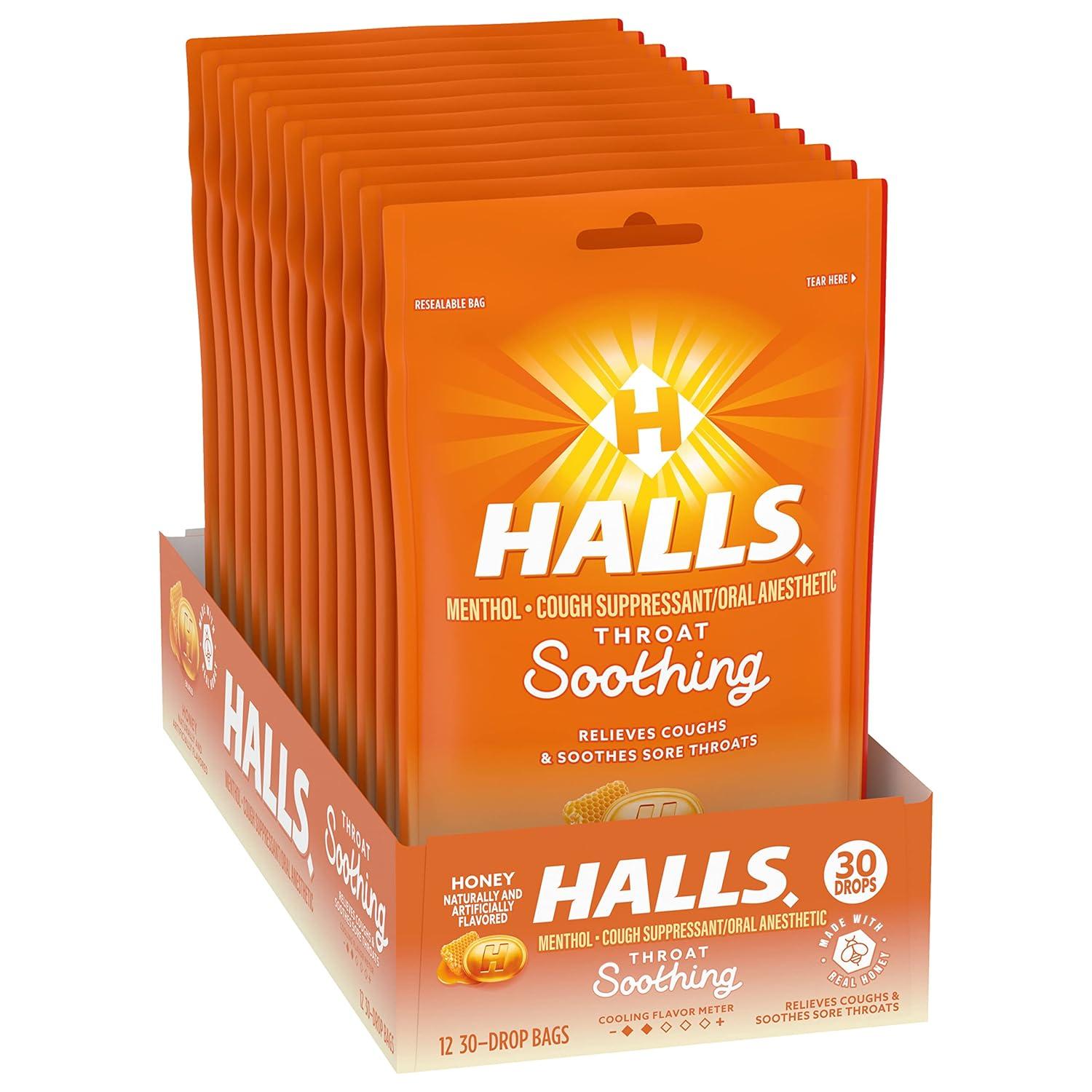 HALLS Throat Soothing Honey Flavor Cough Drops 12 Bags of 30 Drops (360 ...