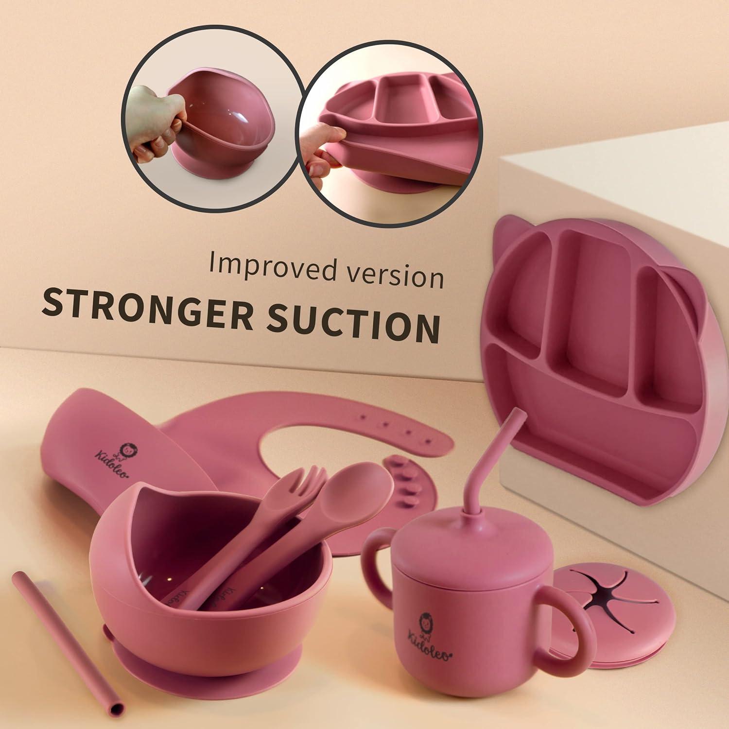 KIDOLEO Silicone Baby Weaning Set - Suction Plate, Bowl, Sippy Cup, Bib ...