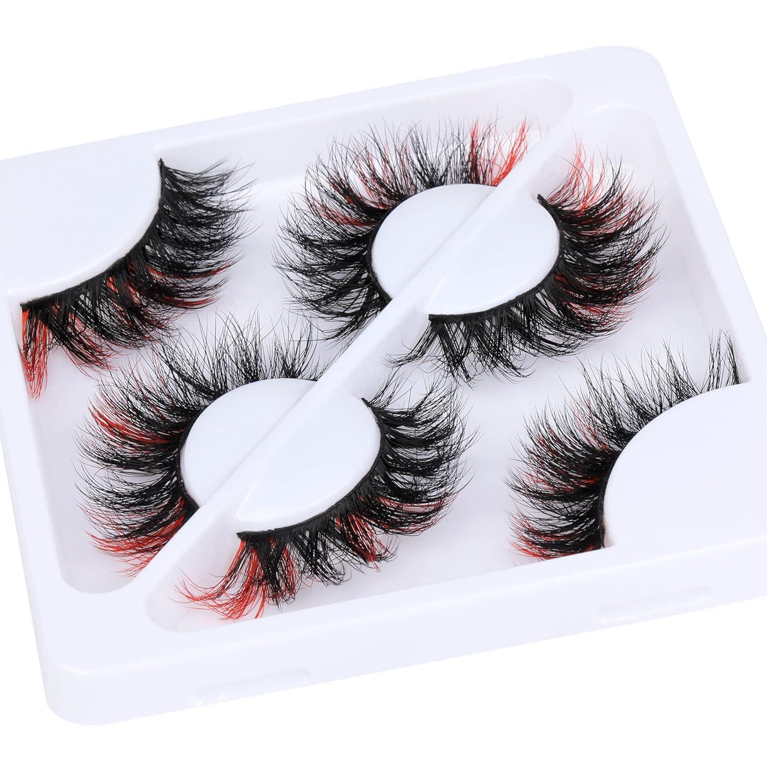3 Pairs of Deep Red Cat Eye False Eyelashes - Mink Dramatic Fluffy Wispy Strip Lashes for ...