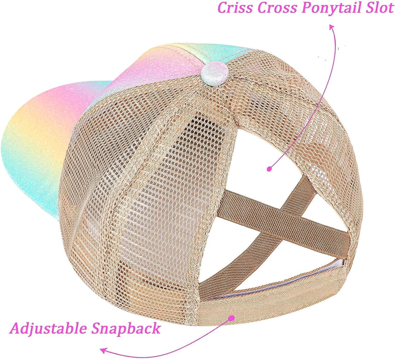Girls Glitter Baseball Cap - High Ponytail Criss Cross Hat for Kids ...