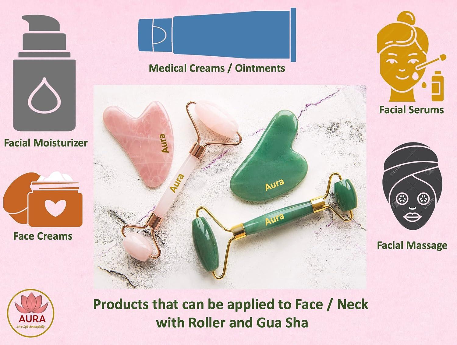Premium Certified Rose Quartz Pink Roller & Gua Sha Set for Skin Care ...