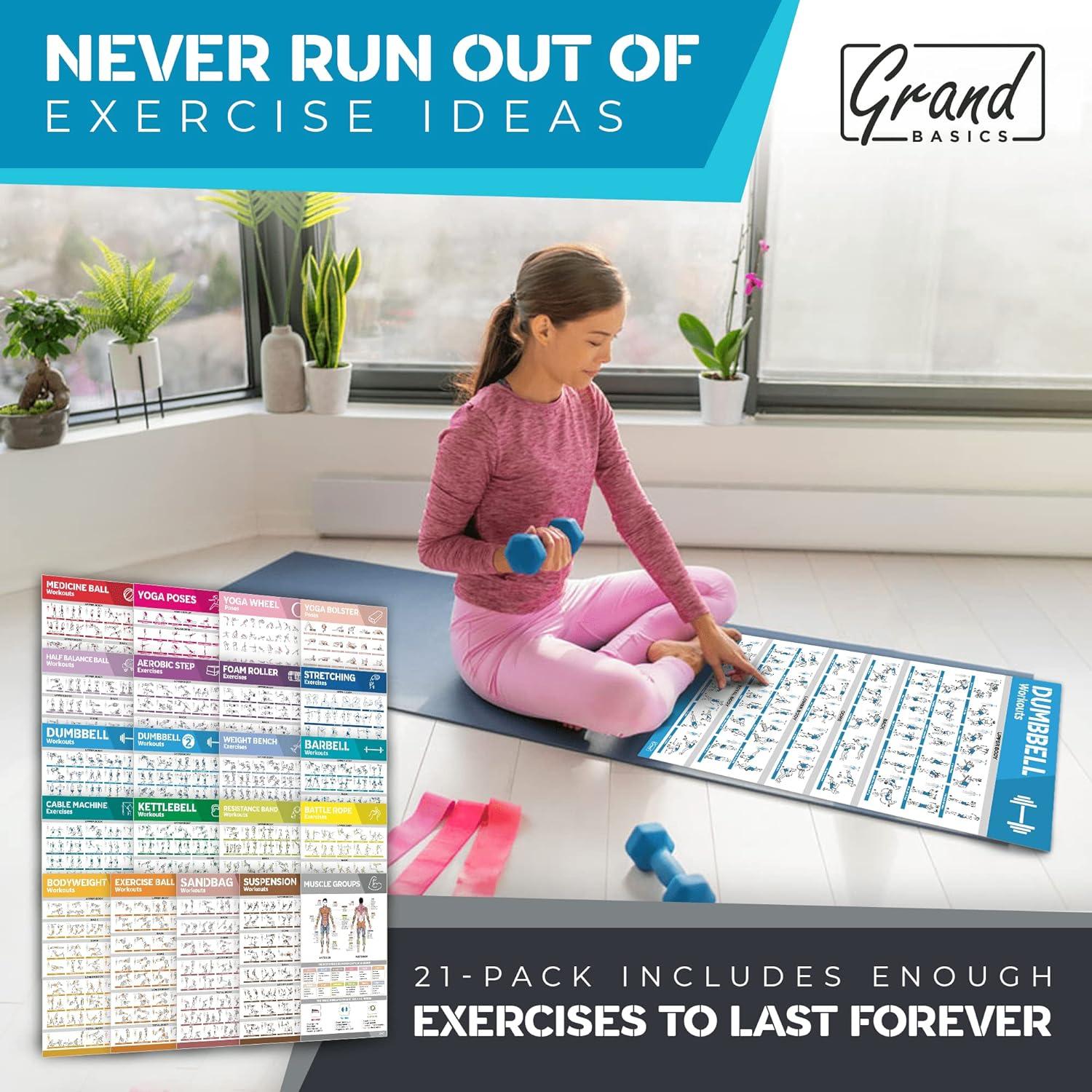 Laminated 21-PACK Workout Poster Set for Home Gym - Dumbbell, Yoga ...