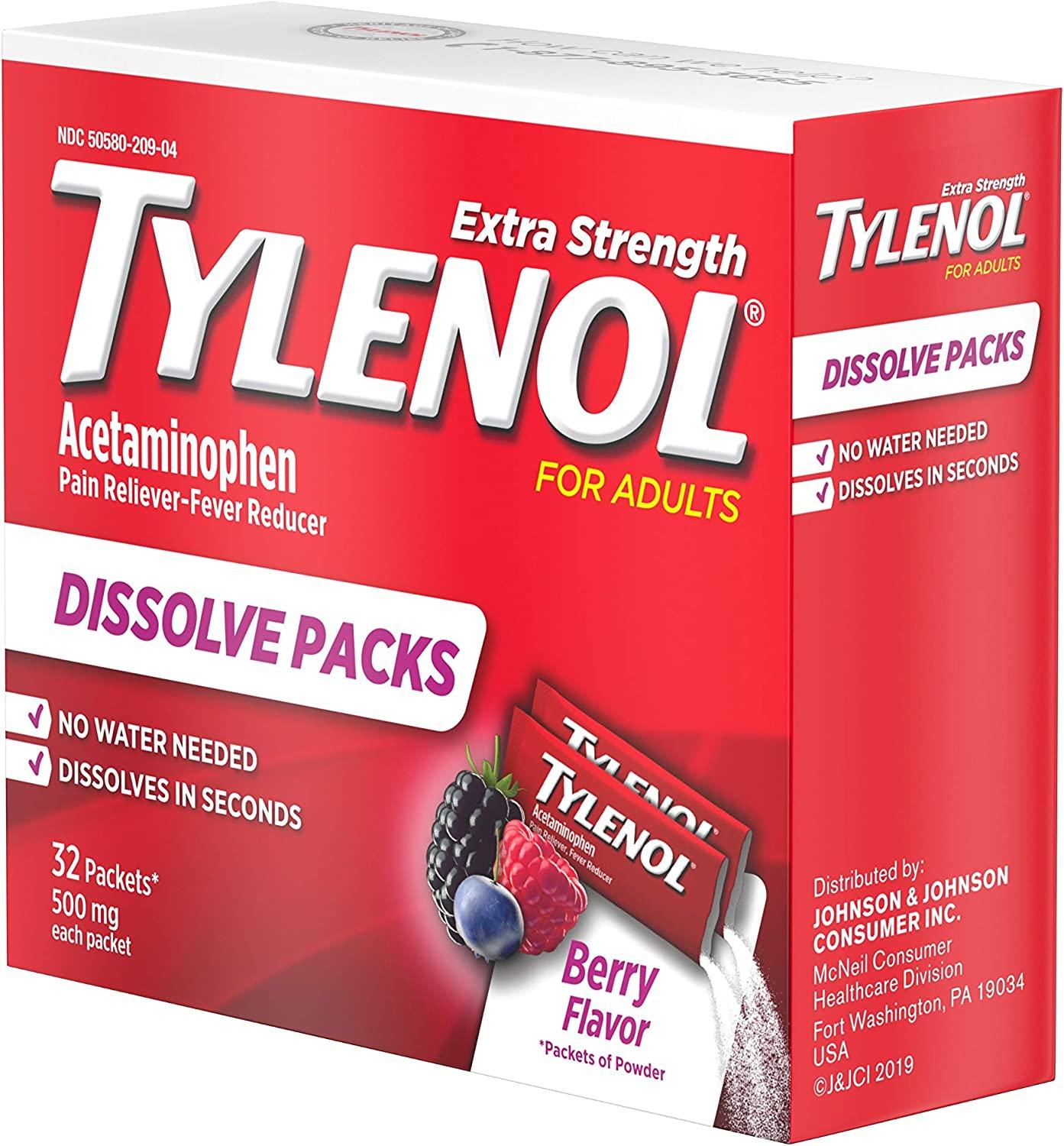 Tylenol Extra Strength Dissolve Packs | Berry Flavor | 32 Count Pack ...