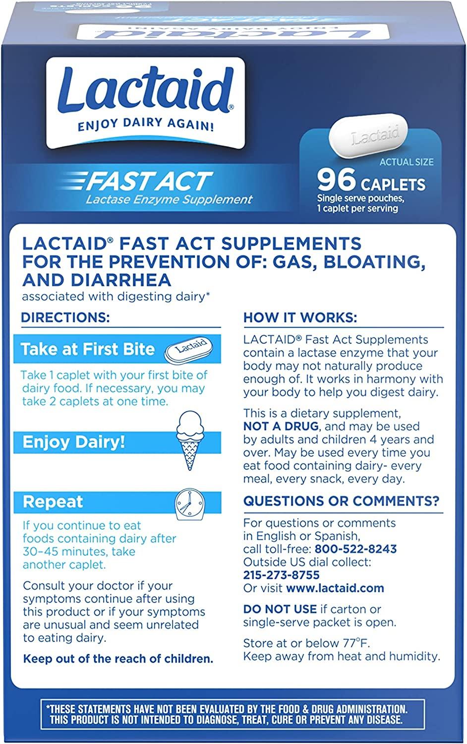 Lactaid Fast Act Lactose Intolerance Relief Caplets 96 Count - Pack of ...