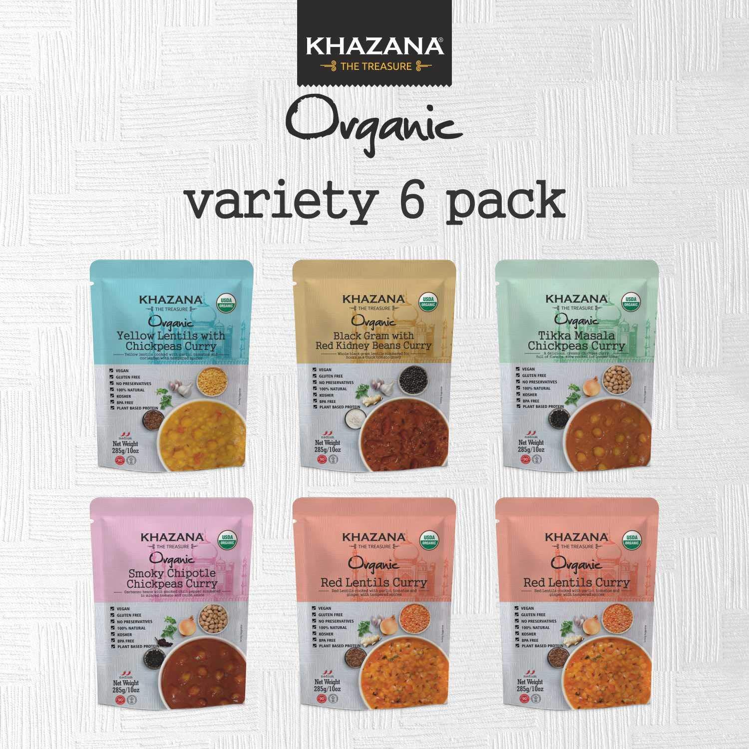 Khazana Organic Ready to Eat Indian Meals Variety Pack | 6 x 10oz ...