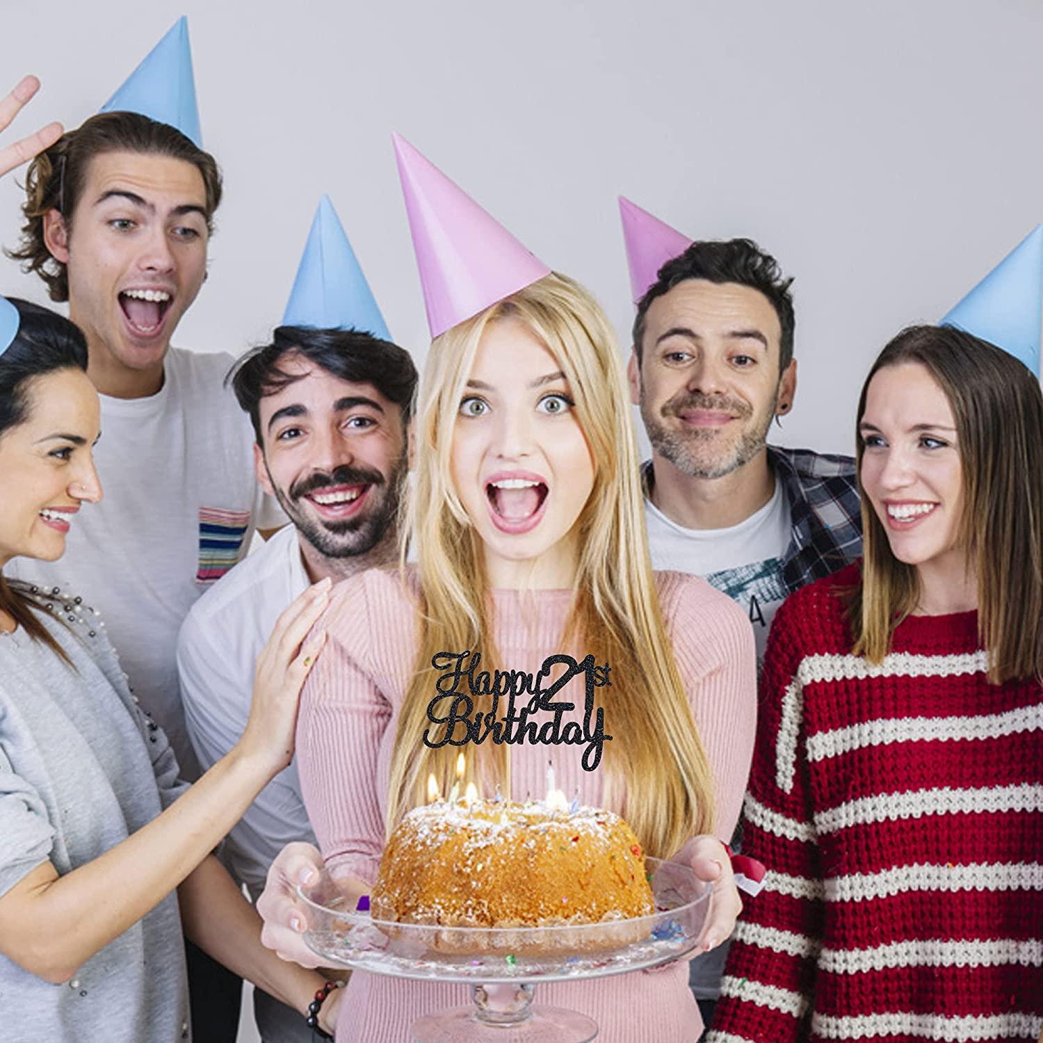 Happy 21st Birthday Cake Topper - Black Glitter 21 Cake Decoration for ...