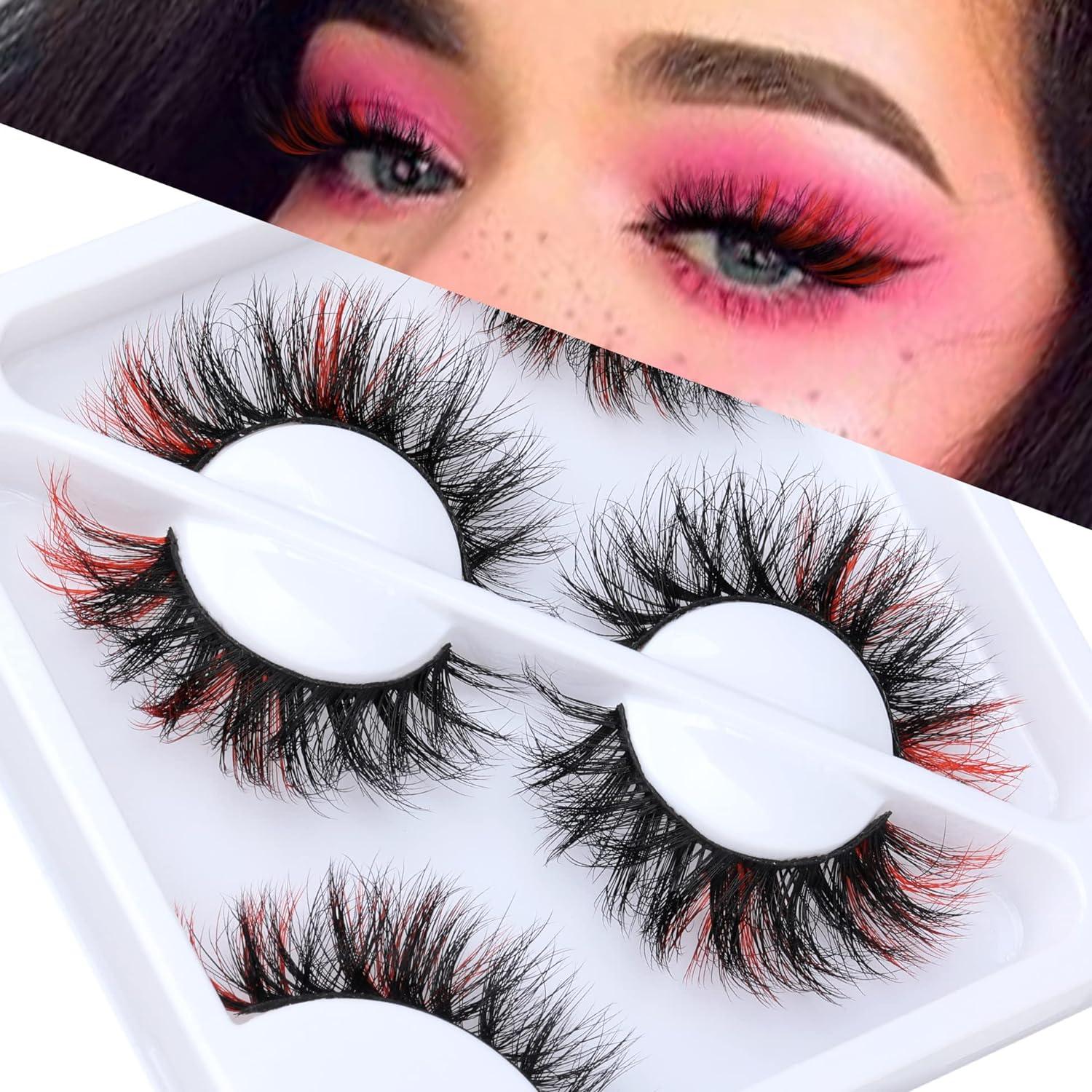 3 Pairs of Deep Red Cat Eye False Eyelashes - Mink Dramatic Fluffy Wispy Strip Lashes for ...