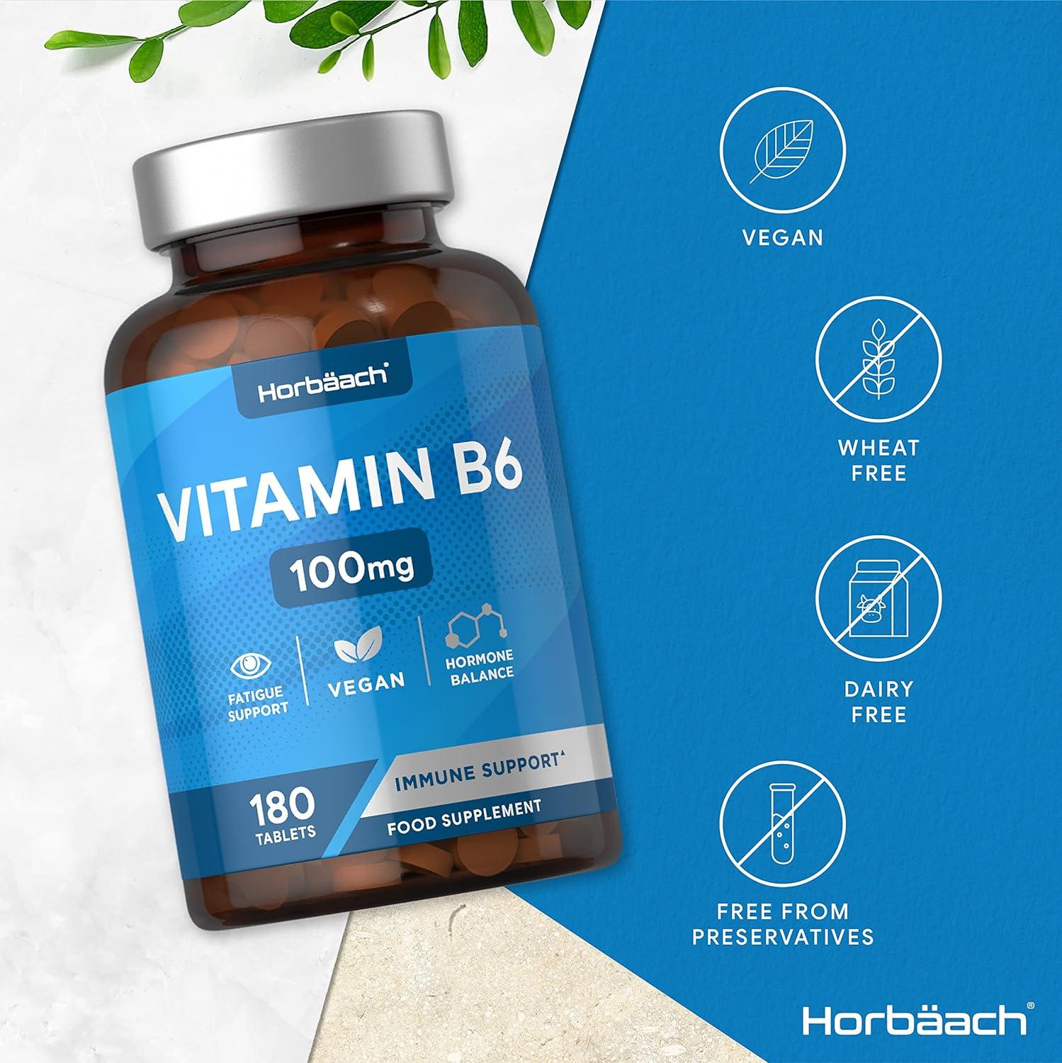 Vitamin B6 100mg 180 Tablets | Hormonal Regulation & Fatigue Support | Vegan Friendly | Horbaach ...