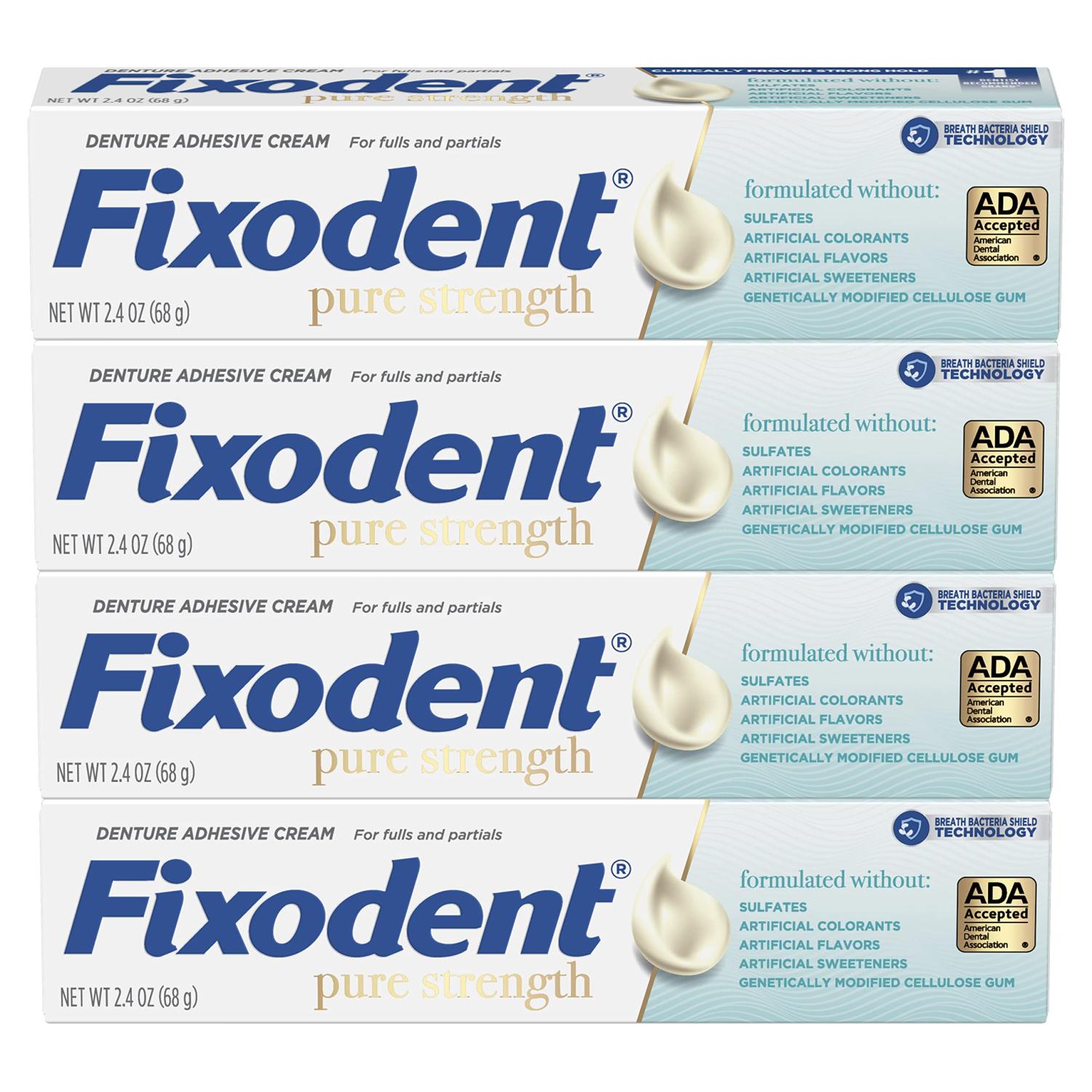 Fixodent Pure Strength Secure Denture Adhesive Cream 2.4oz (Pack of 4 ...