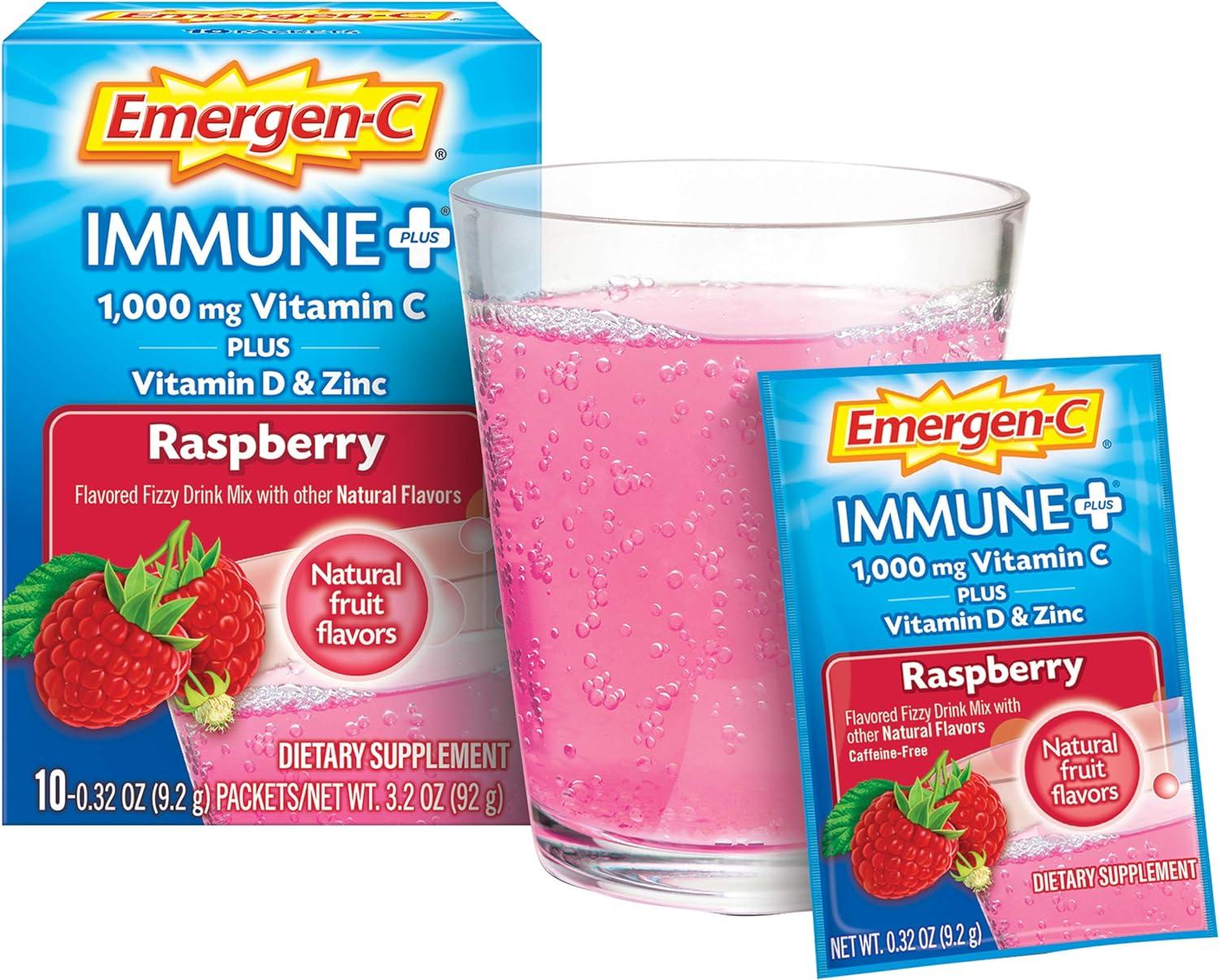 Emergen-C Immune+ Raspberry Fizzy Drink Mix - 1000mg Vitamin C, D & Zinc for Immune Support ...